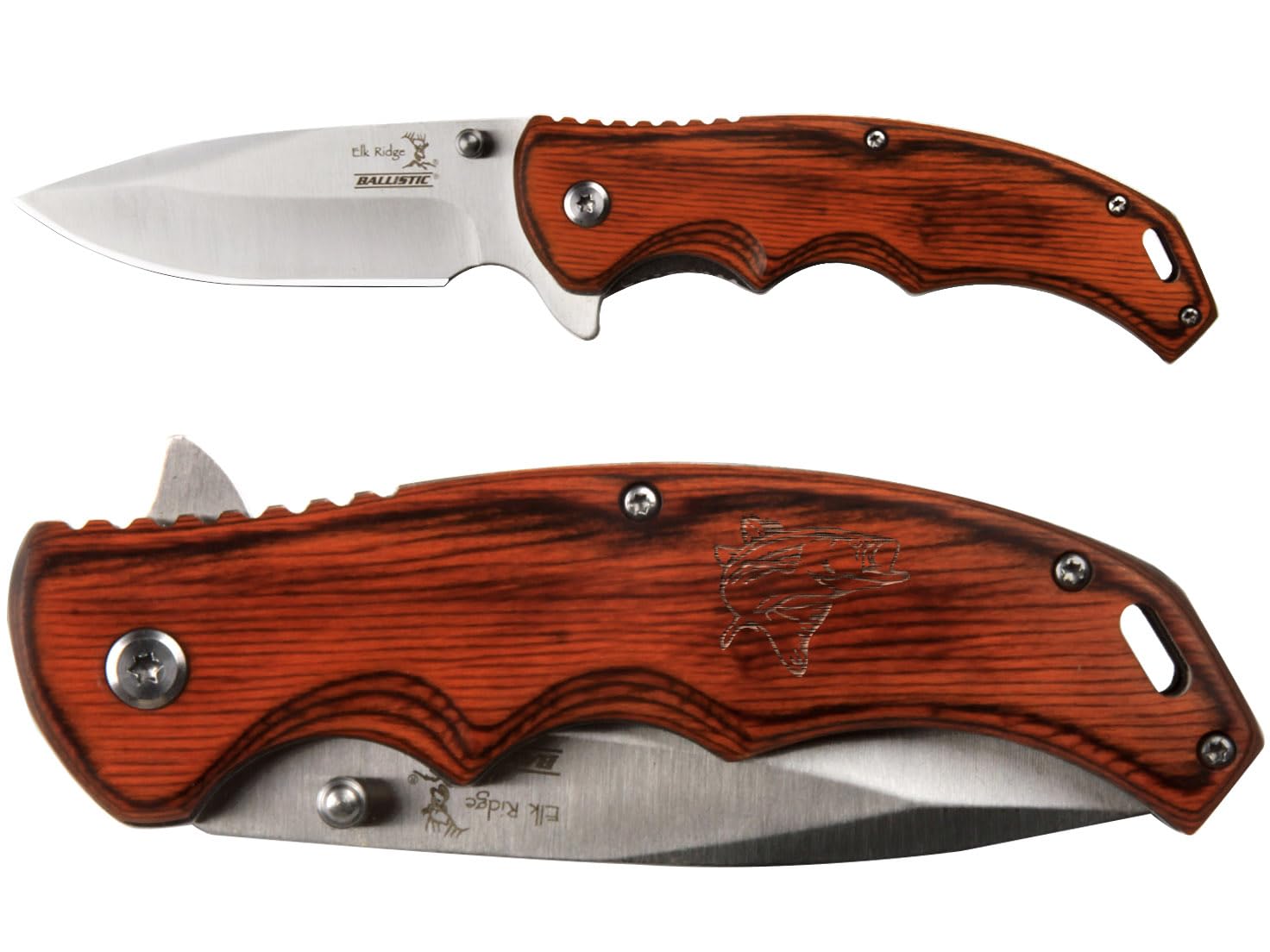NDZ Performance Elk Ridge ERA004 3.5" Spring Assisted Flipper Folding Knife, Hunting Pocket Knife with Clip, Laser Engraved - Bass Fish