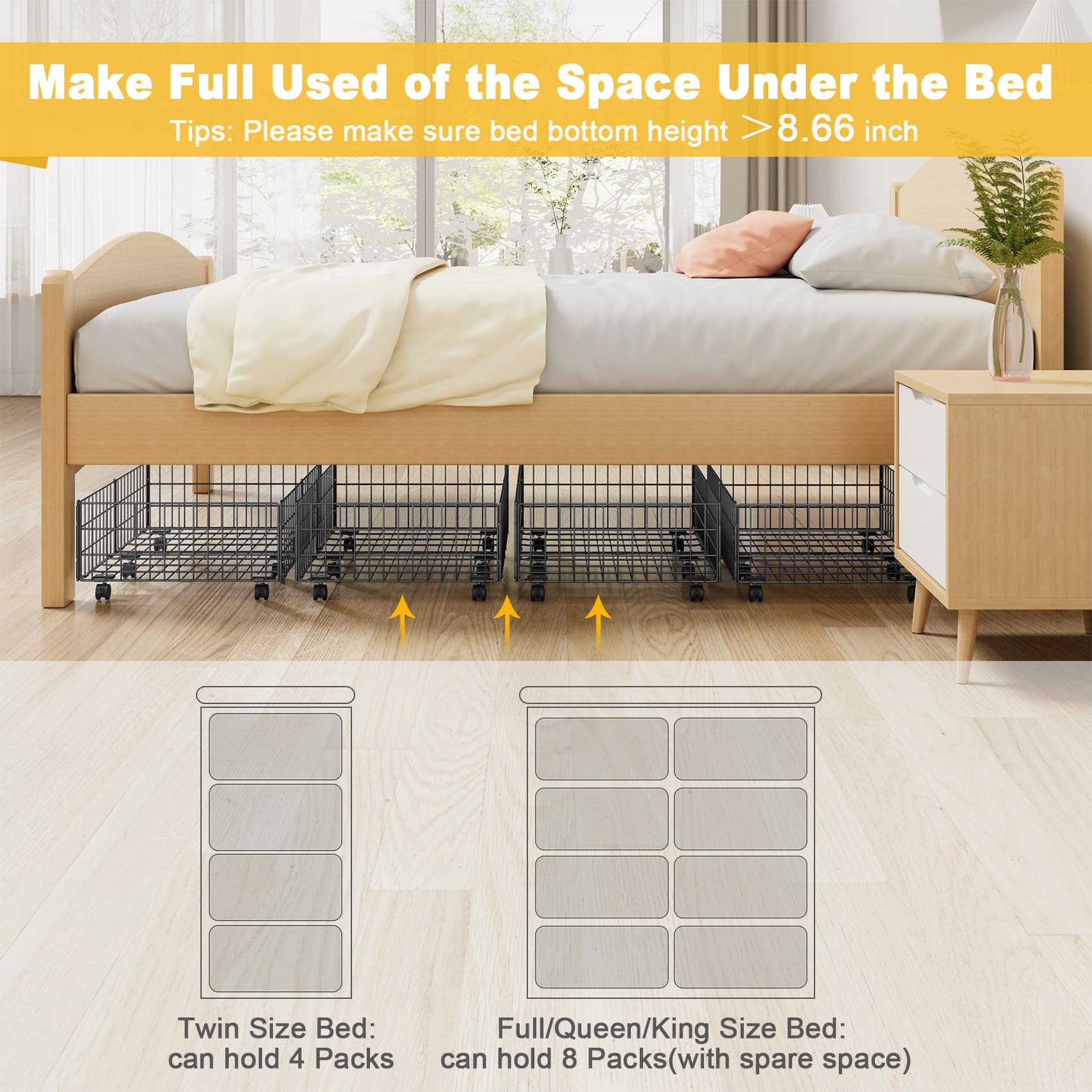 Mr IRONSTONE Queen Bed Frame with Headboard & Under Bed Storage Containers with 6 Wheels