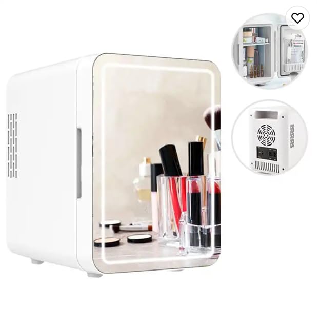 Mini Cosmetic & Personal Beauty Fridge, Mirrored Door w. Dimmable LED Light, Thermoelectric Cooling & Heating Function. 4L. Bedroom Car Office Dorm