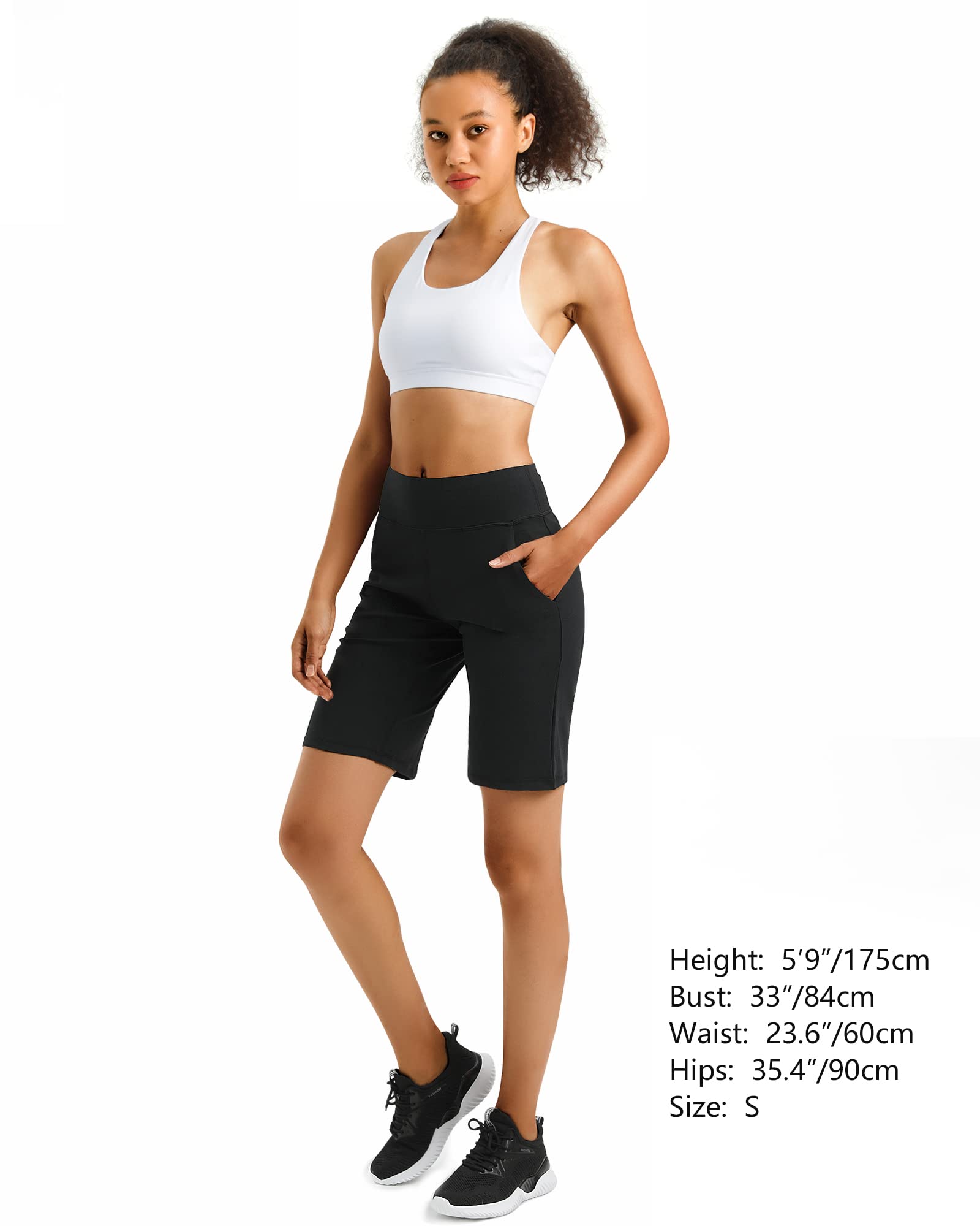 Stelle Women's 10" High Waist Athletic Bermuda Shorts Long Shorts with Pockets for Yoga Running Workout (Black, L)