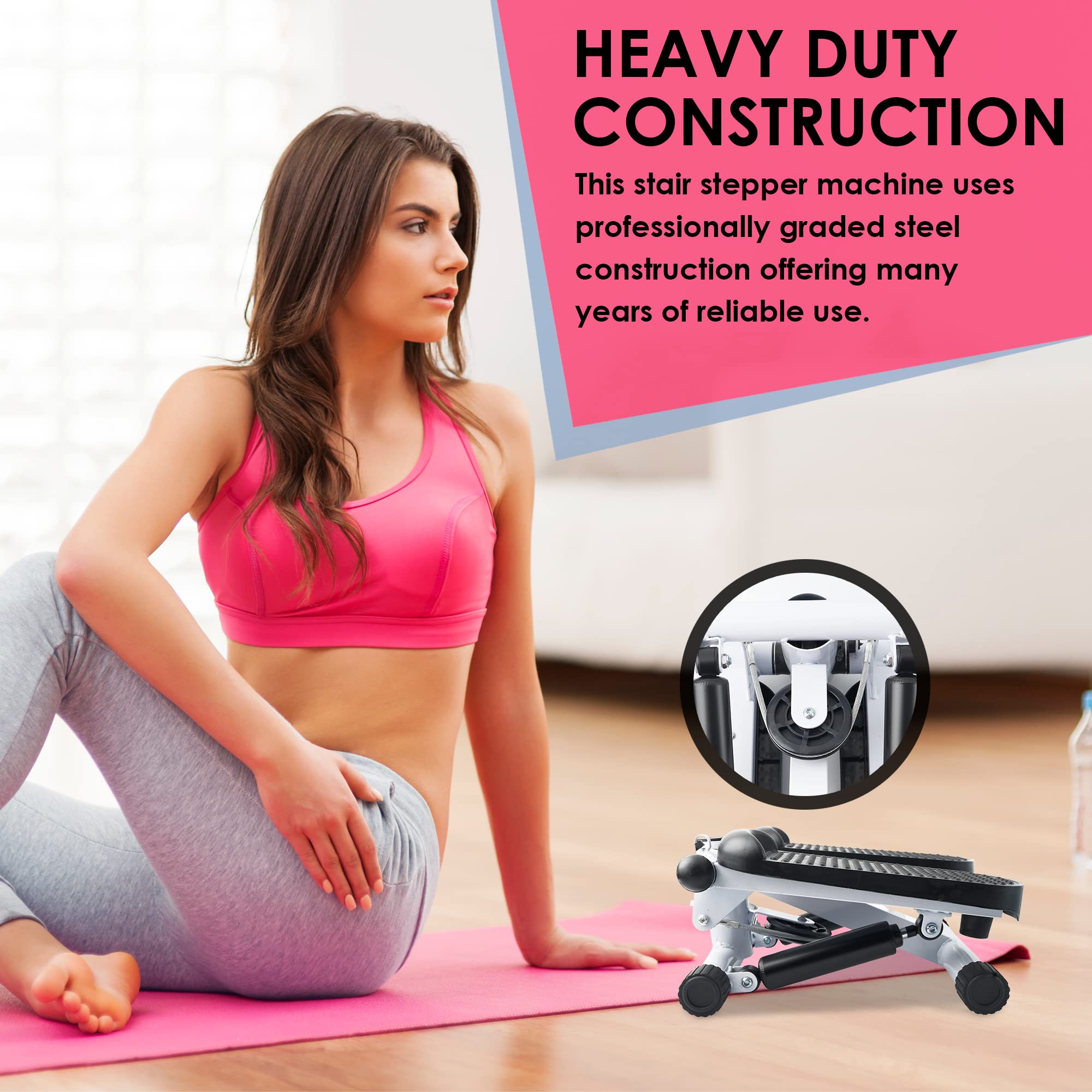 Pebble Hill Advanced Portable Stair Stepper Easy to Read Display, Resistance Bands, Non-Slip Foot Petals, Adjustable Height for Mini, Mid-Size, and Large Home or Office Gym