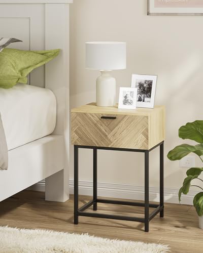 Masupu Nightstand,Bedside Tables with Storage Drawer,Tall Nightstand with Herringbone Pattern,Bedside Furniture,Small Side Table for Small Spaces, Bedroom, Living Room, Rustic Oak