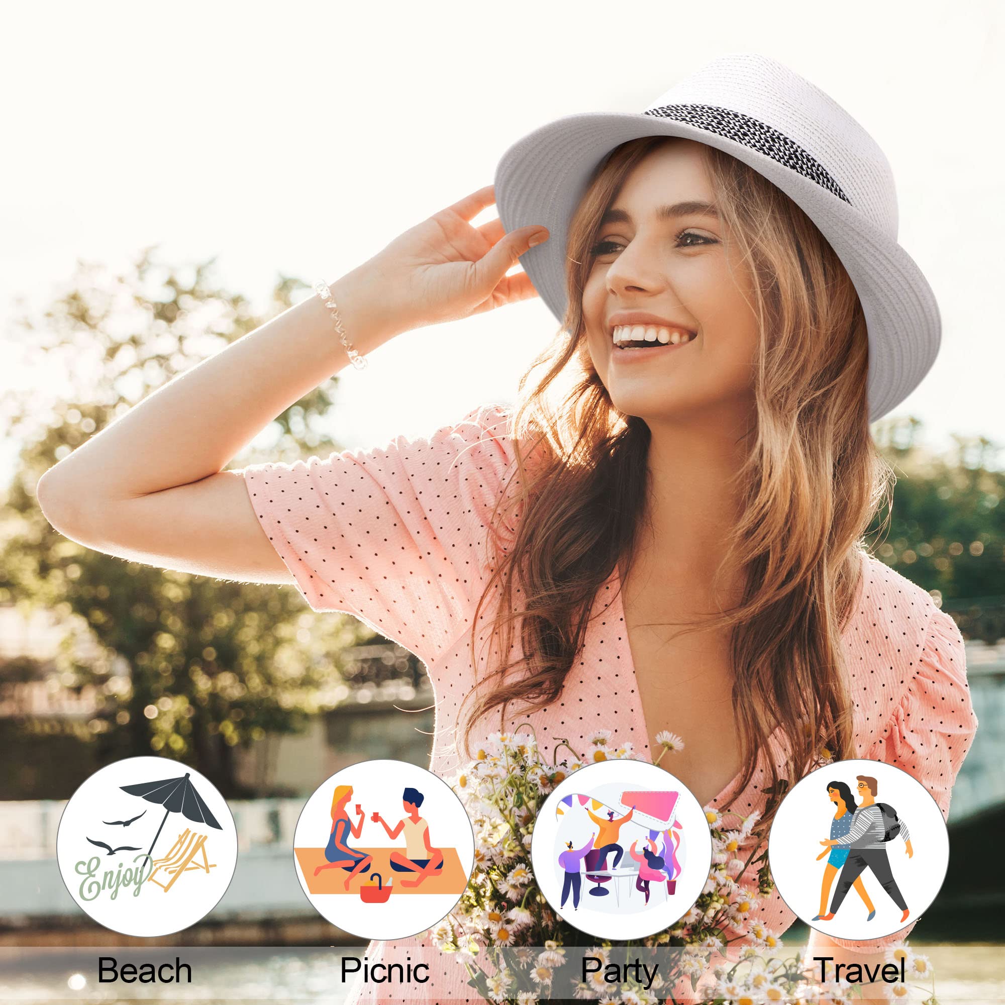 Mens Fedora Hats for Women Straw Packable Hat Women Foldable Mens Straw Sun Hat uv Protection Womens Summer Hat Stylish Straw Hat Men,White,S/M