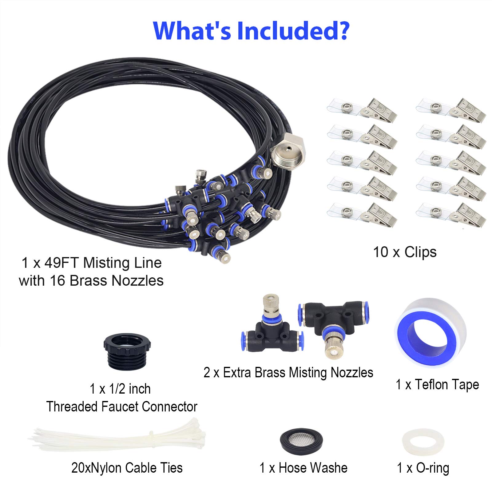 YuYo Misting Cooling System, 49FT Misting Line +16 Brass Mist Nozzles + 3/4" Brass Adapter Outdoor Mister for Patio Greenhouse Garden Gazebo Poolside Umbrella Trampoline