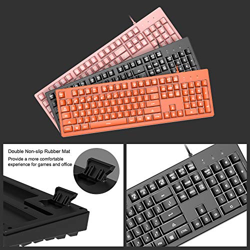 NACODEX DKS100 Wired Membrane Keyboard 104 Keys with Mechanical Feel - White Backlight Computer Keyboard - 19 Anti-Ghosting Keys Floating Keyboard (Pink)