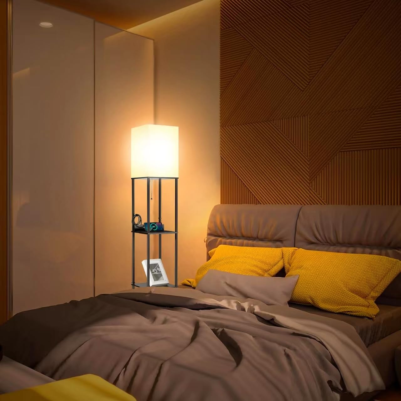 NUNET Smart LED Floor Lamp with Shelves 3 Color Temperature Light & Dimmable App Controlled Wi-Fi Bulb w. 3 Level Shelves & Cellphone/Photo Frame Stand for Bedroom Living Room Corner etc. (Black)
