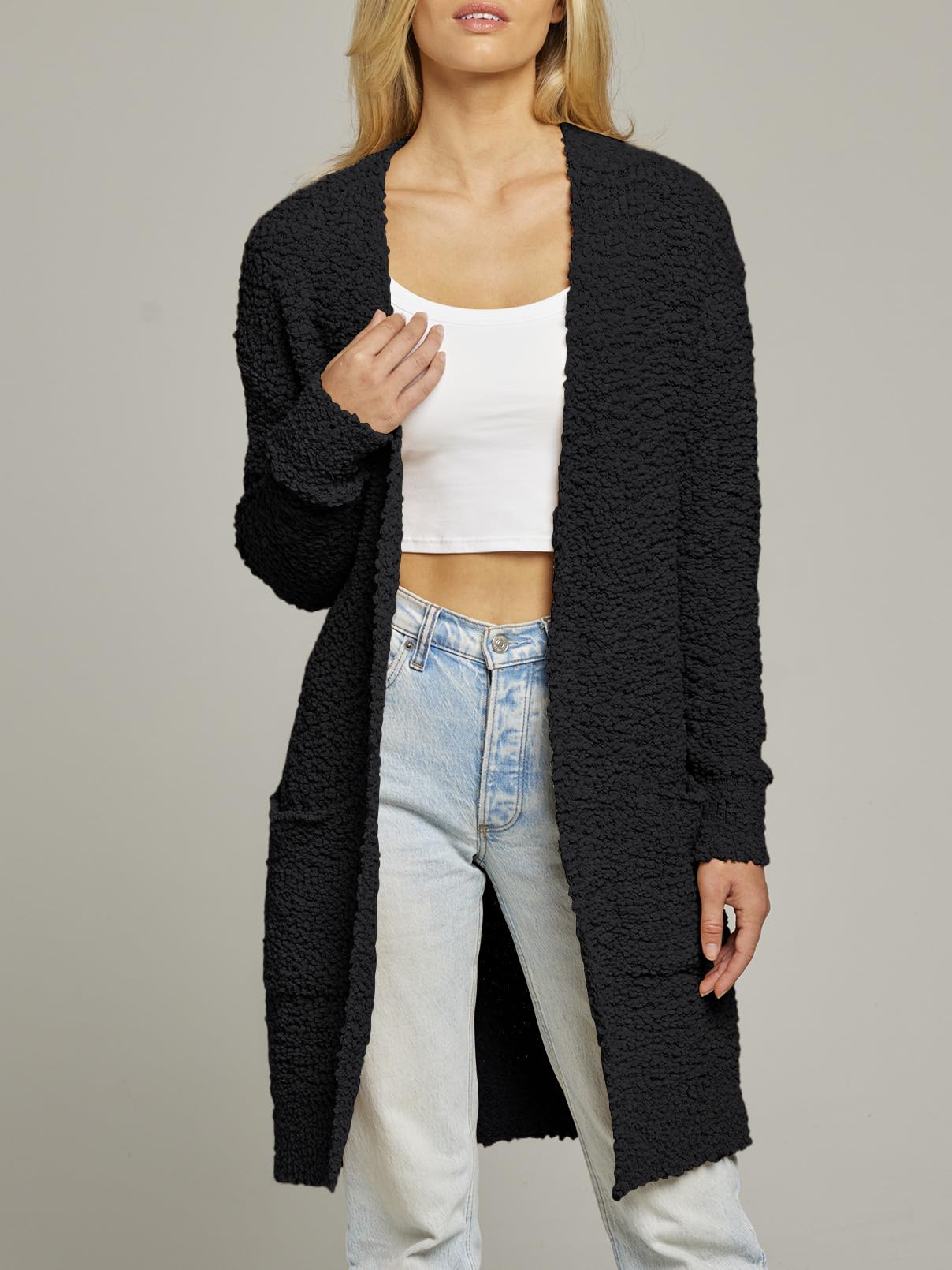 MEROKEETY Women's 2024 Winter Long Sleeve Soft Chunky Knit Sweater Open Front Cardigan Outwear Coat Black