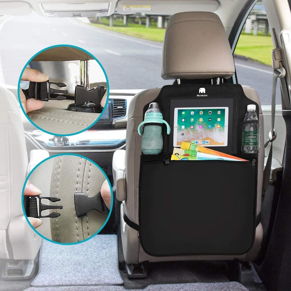 Meinkind Car Backseat Organizer, 2-Pcs Car Seat Protector Back Seat Organizer Kick Mats with Clear Screen Tablet Holder, Water-Proof Car Seat Organizer, Travel Organizer for Kids and Toddler, Black