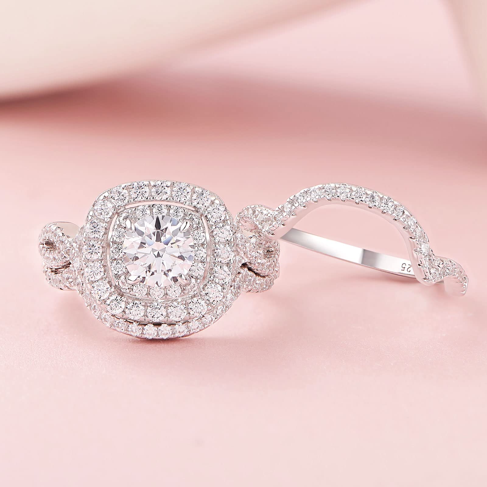 SHELOVES Engagement Wedding Ring Set for Women Double Halo Sterling Silver Round White AAAAA Cz Sz 9
