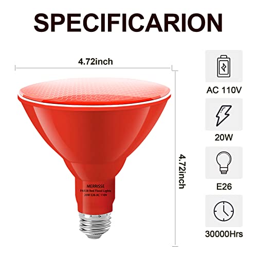 MERRISSE PAR38 Red Flood Light Bulbs 2 Pack, Dimmable 20 Watt Flood Light Bulbs 200W Equivalent,E26 Base Red Light Bulbs for Outdoor, Porch,Party Decroration, Halloween, Lighting