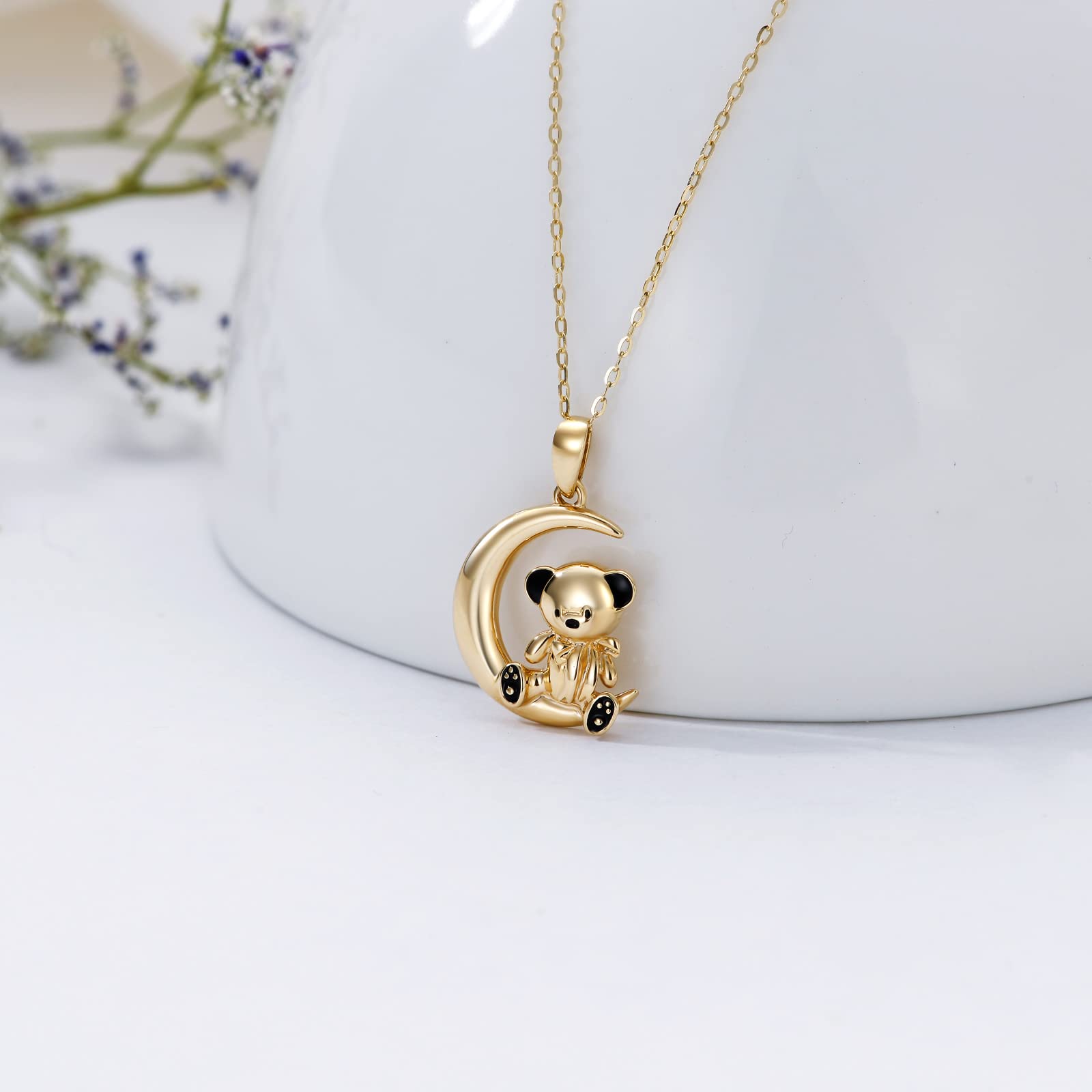 MRENITE Solid 14k Gold Moon Bear Necklace for Women Real Gold Cute Bear Pendant Jewelry Gift Birthday Gift for Her