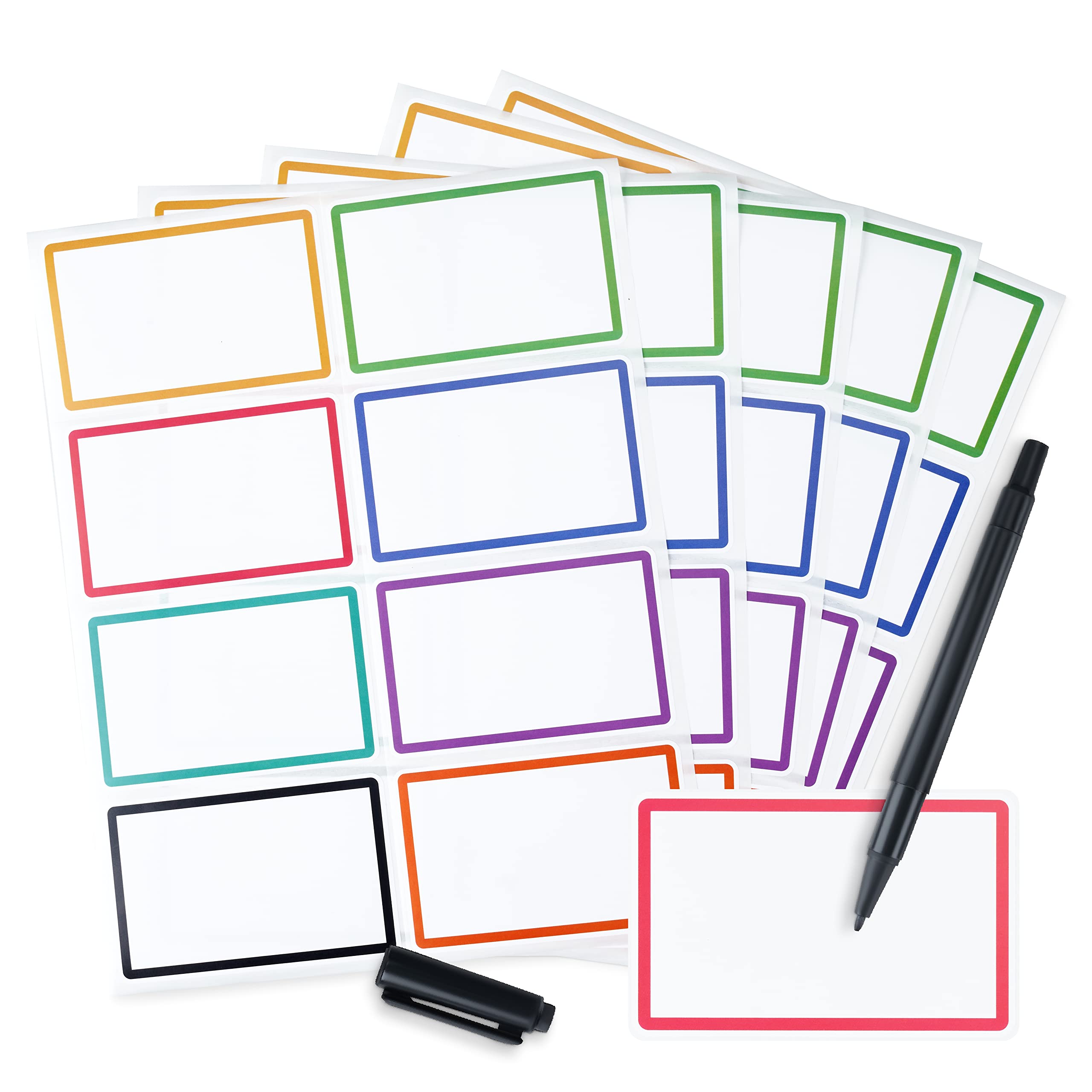 Name Tags Stickers 352 Pcs (3.5 x 2.25 Inches) with Waterproof Marker–Assorted Large Name Tags for Clothes with Colorful Border & Strong Adhesion on Fabric, Paper, Plastic–Ideal for Home & Office