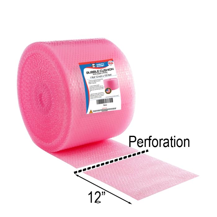 Mighty Gadget 100 ft Anti-static Small Bubble Perforated Every 12β Cushioning Wrap for Moving & Shipping Bubble Packing Wrap for Extra Protection Clear Bubble Roll Moving Supplies (Pink)