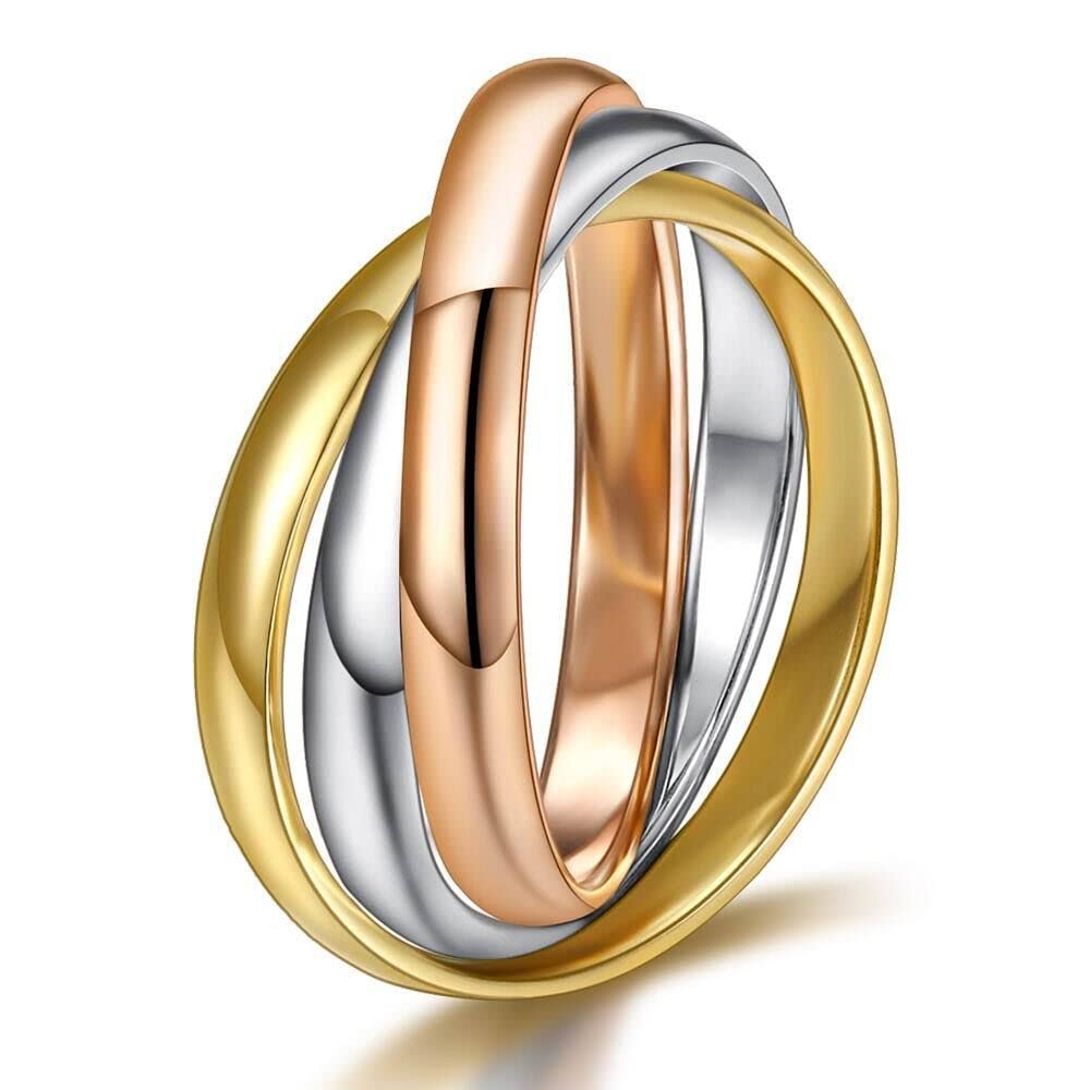 Naivo Tri-Color Gold Plated Interlocked Rolling Bands Ring Women's (ring size 9#)
