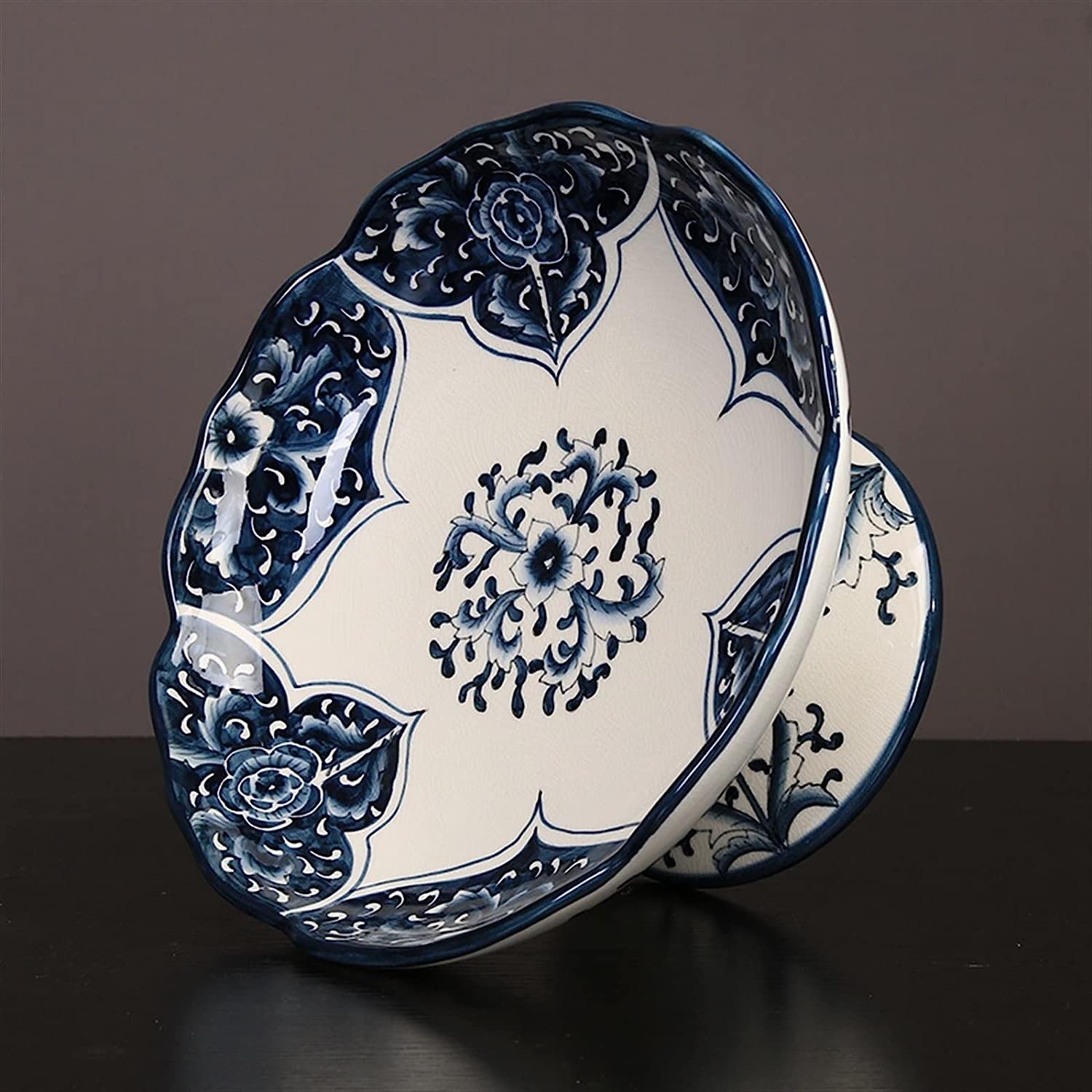 NTTNL Fruit Bowl Creative Blue and White Ceramic Fruit Plate Living Room Coffee Table Snack Dried Fruit Bowl Storage Plate Vegetable Salad Kitchen