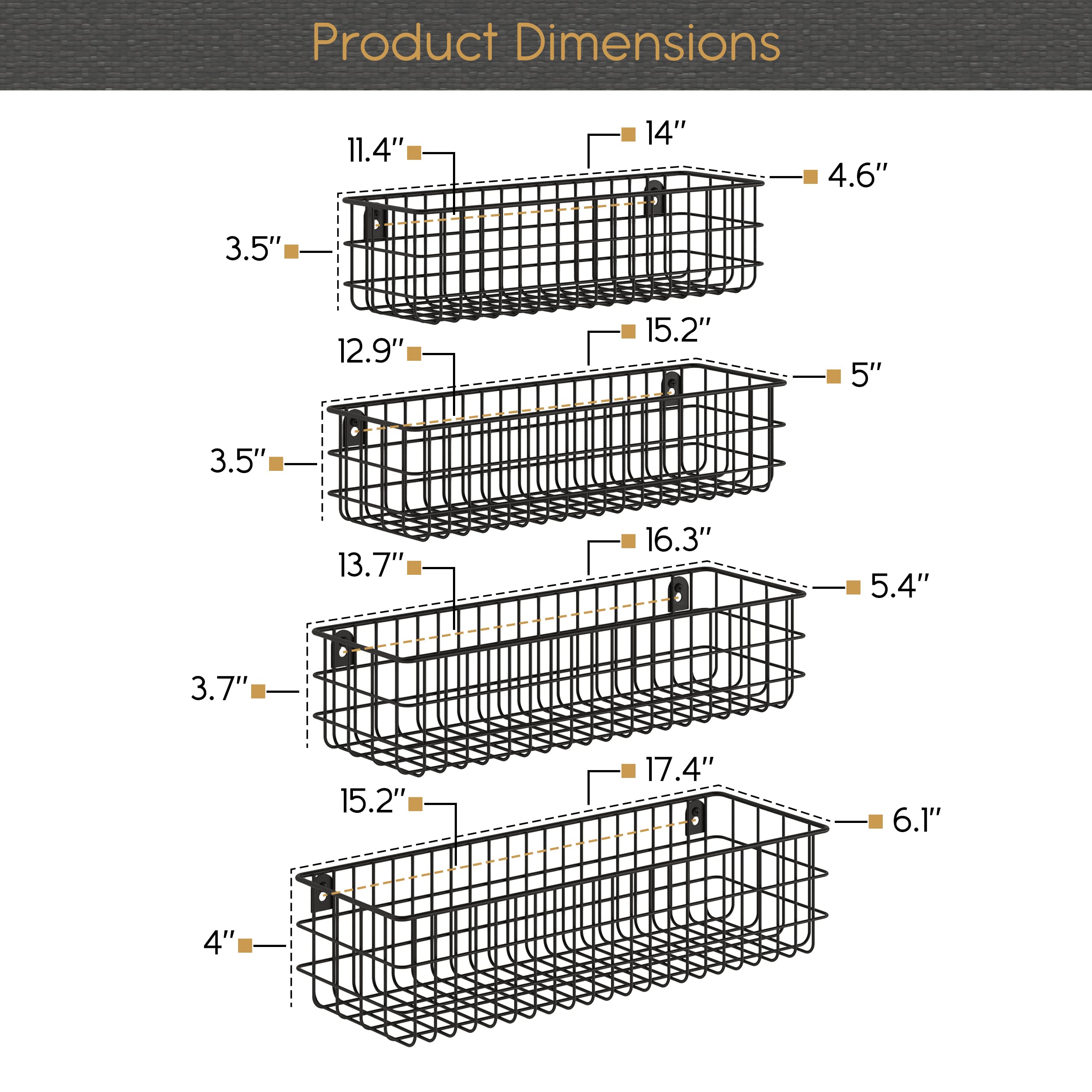 You Have Space Rome Hanging Metal Bookshelf Kids Room Decor, Toy Storage Nursery Decor, Wire Basket Set of 4, Multisize, Black