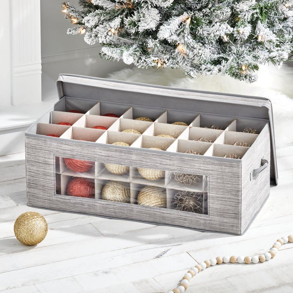 mDesign Large Fabric Storage Box with Lid, Dividers, Front Window - Stackable Storage Organization Containers for Holiday Decorations, Ornament, Wrapping Paper, Lights, Taupe Stripe