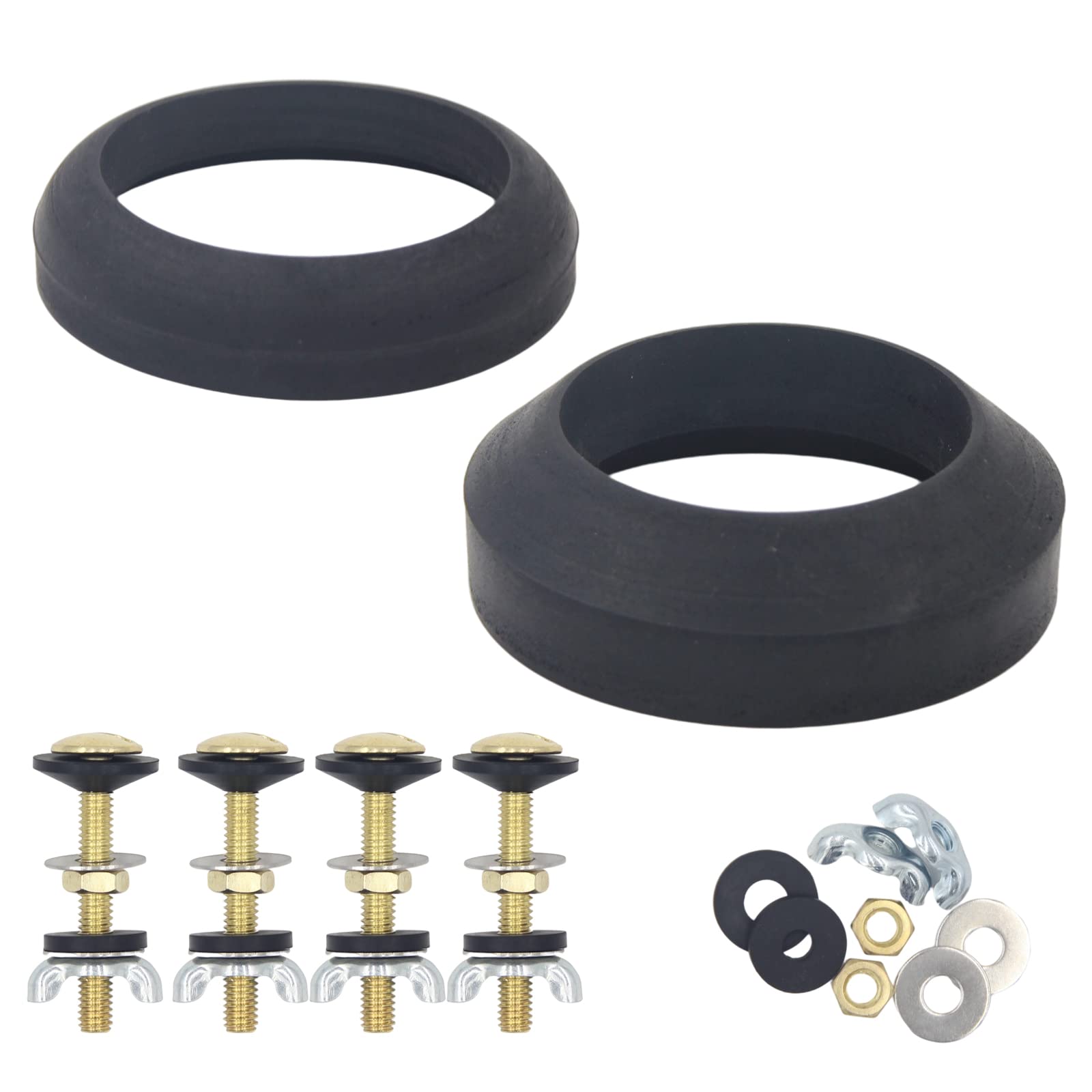 Universal Toilet Tank to Bowl Gasket Repair Kit, 2 Pcs Gasket and 4 Sets Brass Plated Heavy Duty Rustproof Bolt Hardware Kits Fits Most 3-Inch 3.5-Inch Flush Valve Opening 2-Piece Toilet Tanks