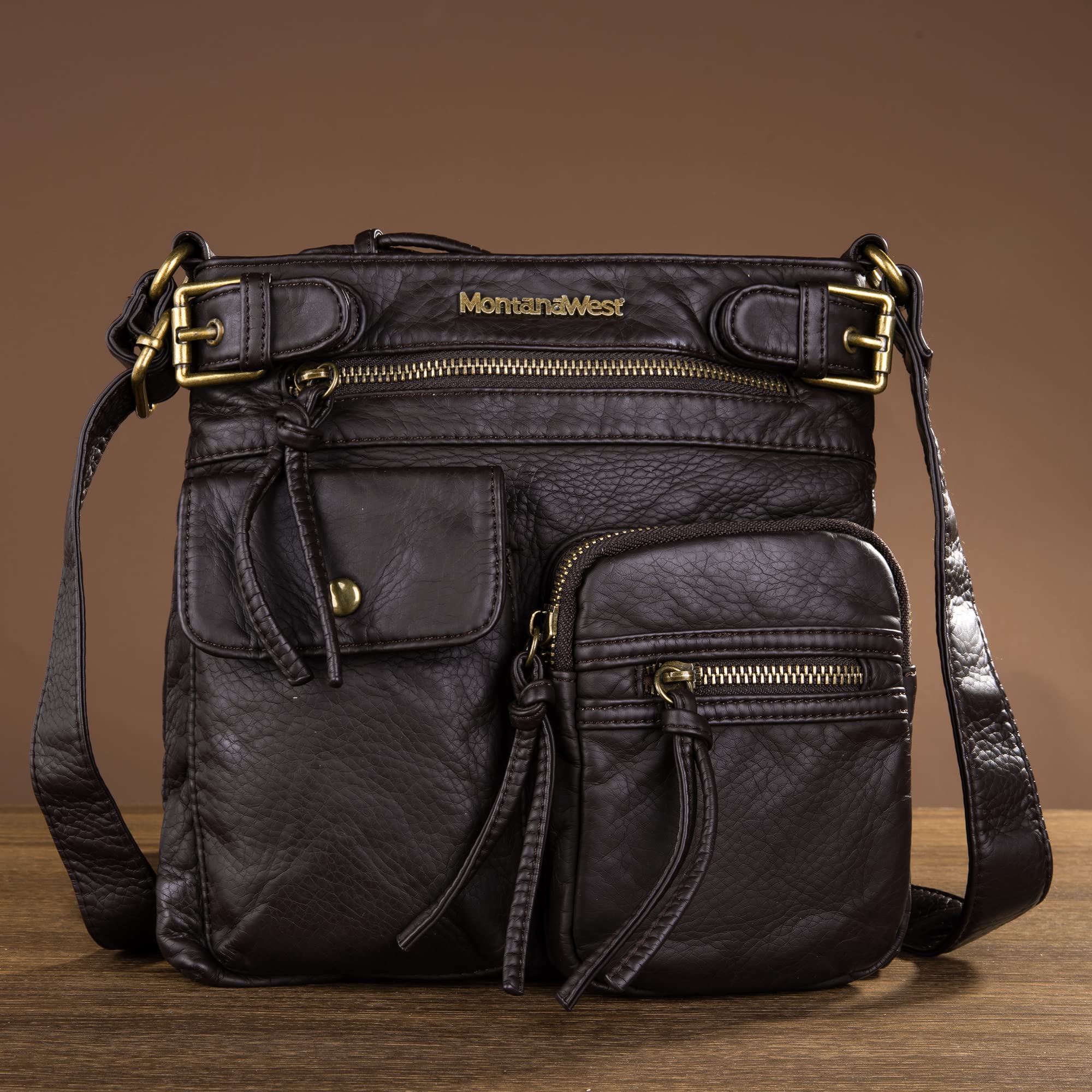 Montana West Crossbody Bag for Women Soft Leather Multi Pocket Shoulder Bags Vintage Women's Purses and Handbags Coffee Gift MWC-046CF