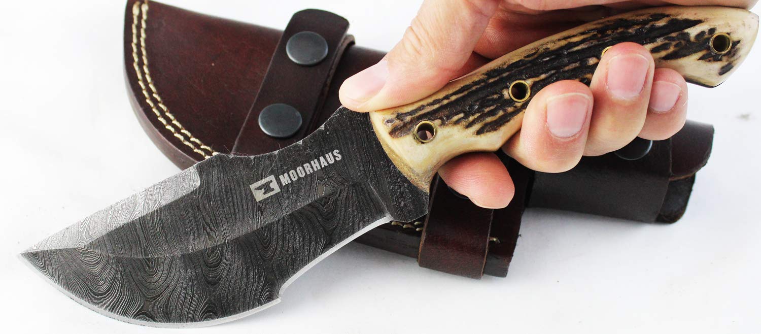 Moorhaus Damascus Knife Handmade Raindrop Tracker - Genuine Stag Handle - a work of art!