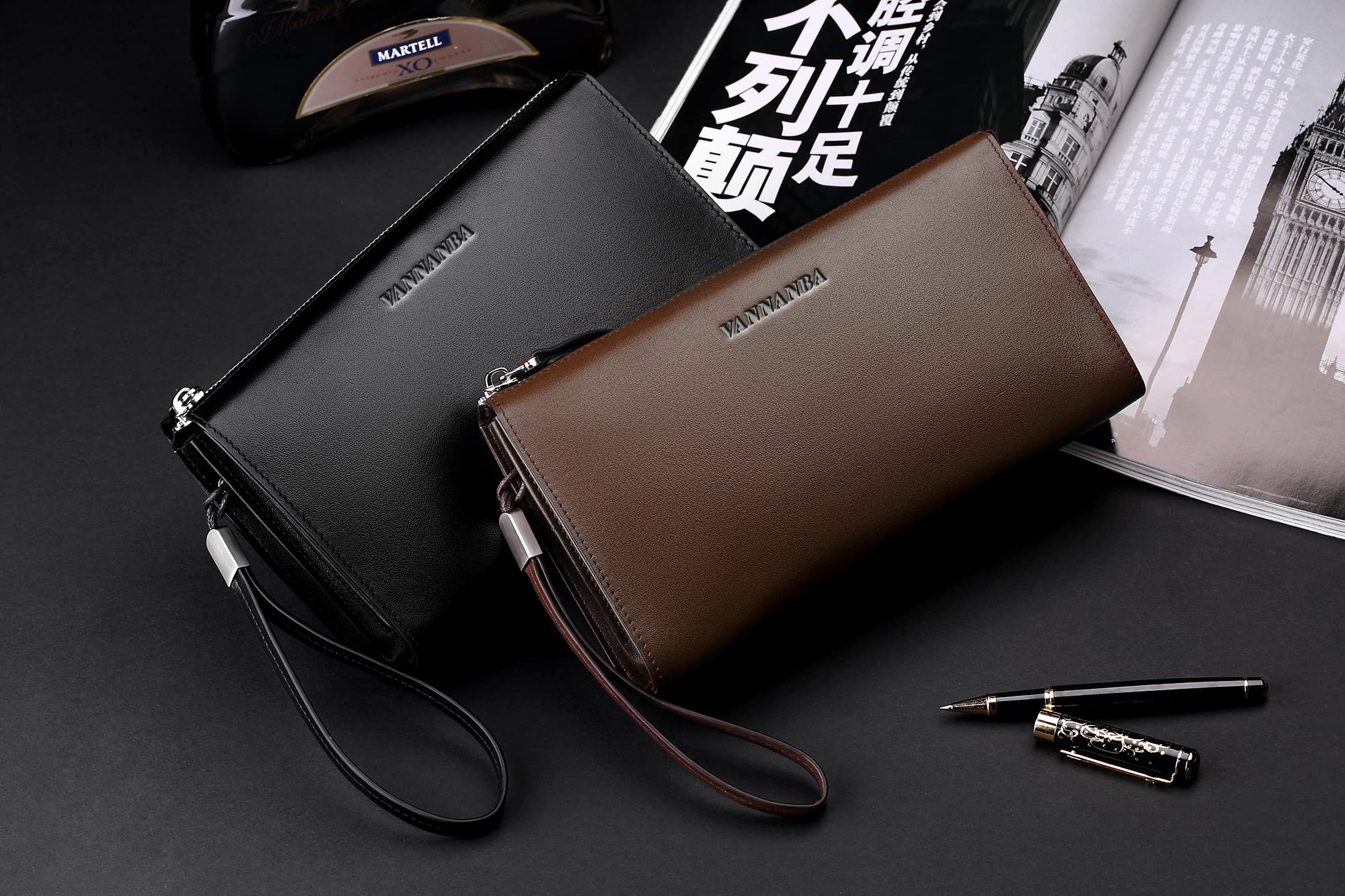 Men’s Genuine Leather Clutch Bag Handbags Wallets Business Organizer Purse (Black)
