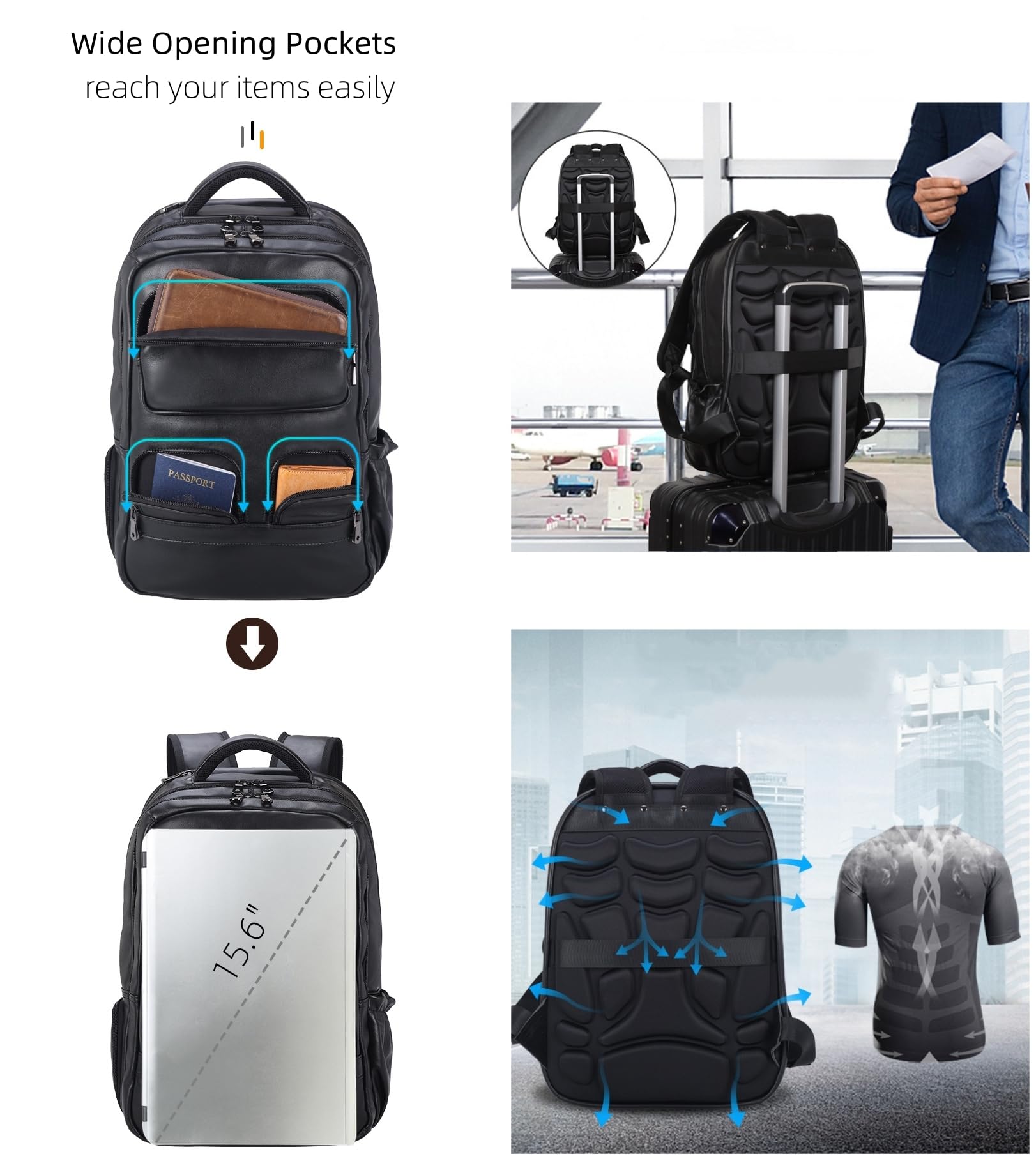 Masa Kawa Full Grain Leather 15.6 Inch Laptop Backpack for Men Black Large Business Travel Rucksack Bag Overnight Daypack