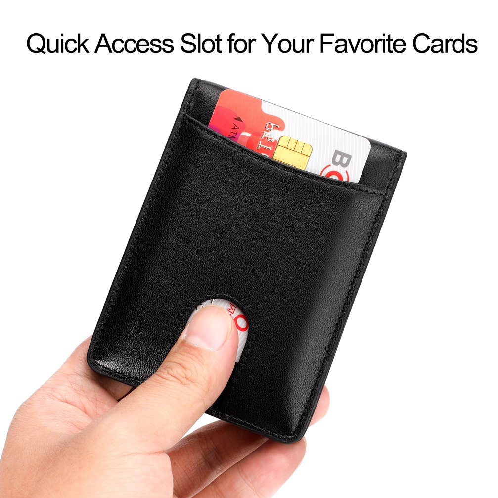 Mens Wallet Slim Genuine Leather Front Pocket Wallet for Men Billfold with ID Window Magnetic Money Clip Quick Access Slot and RFID Blocking - Black