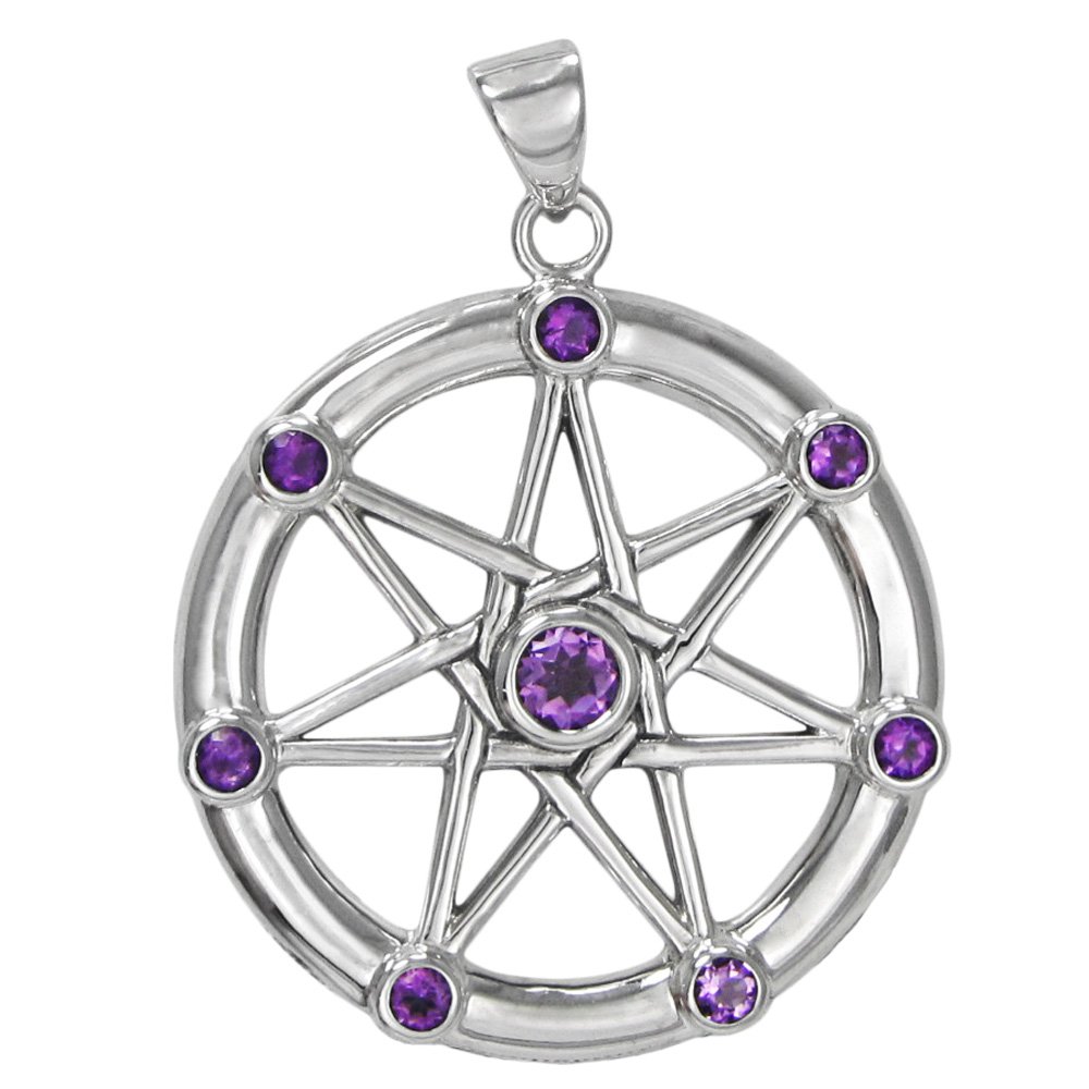 Moonlight Mysteries Large Fairy Star Pendant Septagram - Sterling Silver Faery Star with Natural Amethyst (1 1/4 inch diameter)