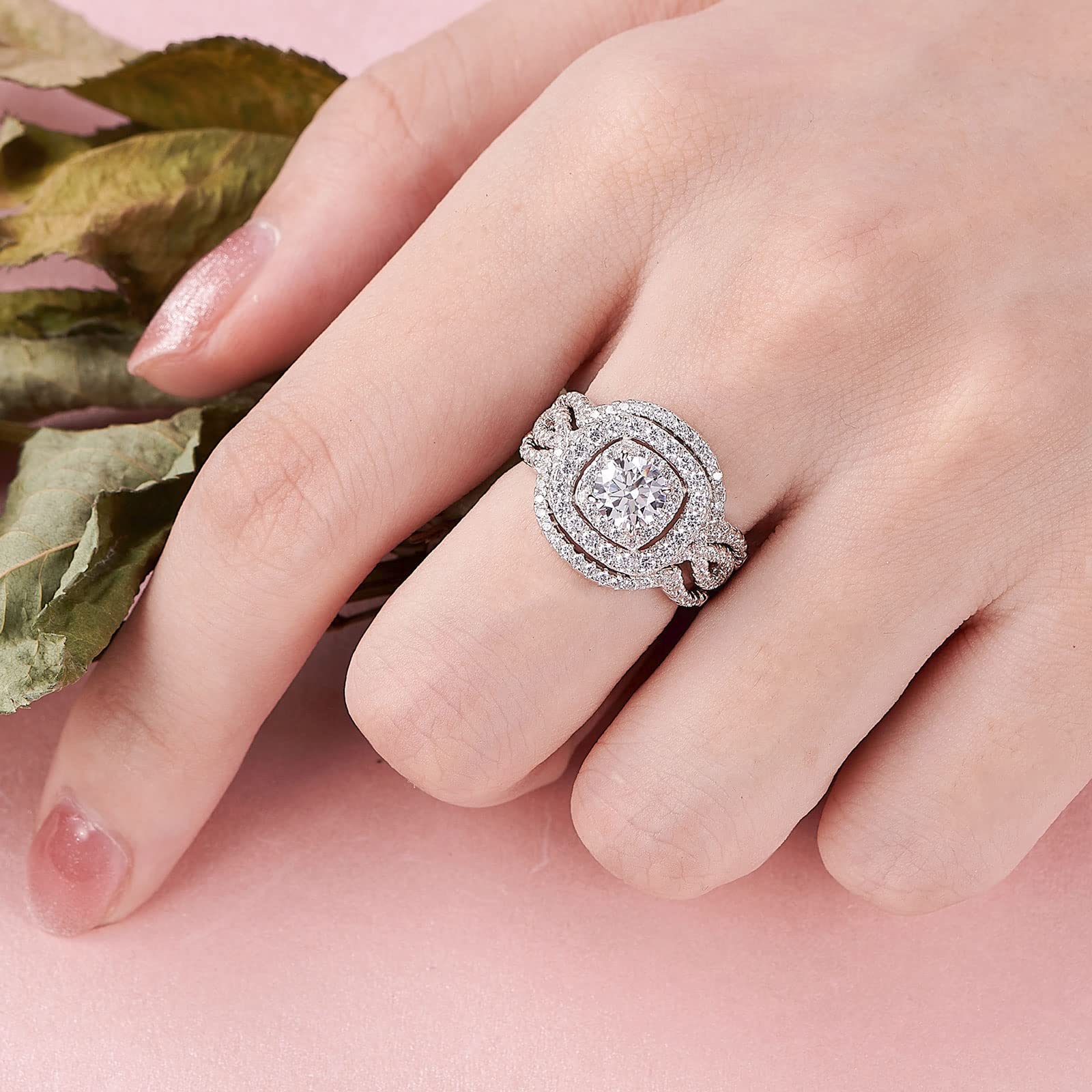SHELOVES Engagement Wedding Ring Set for Women Double Halo Sterling Silver Round White AAAAA Cz Sz 9