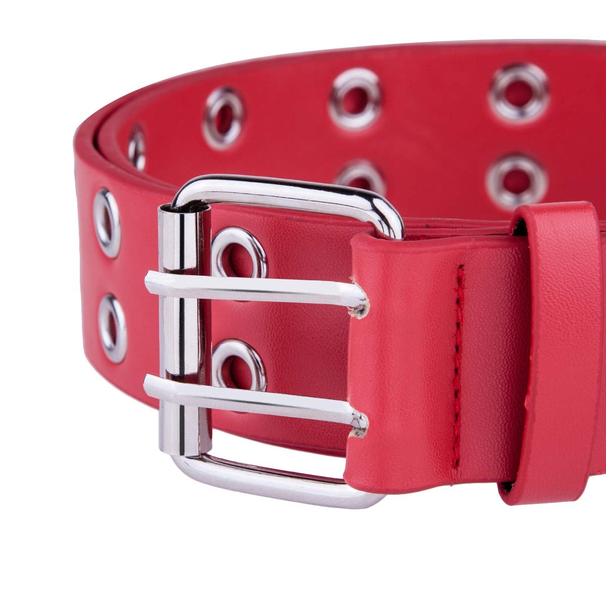 moonsix Leather belt for Man for Women, Hole Belt Double Grommet Twin Prong 1.5 inch width, Red