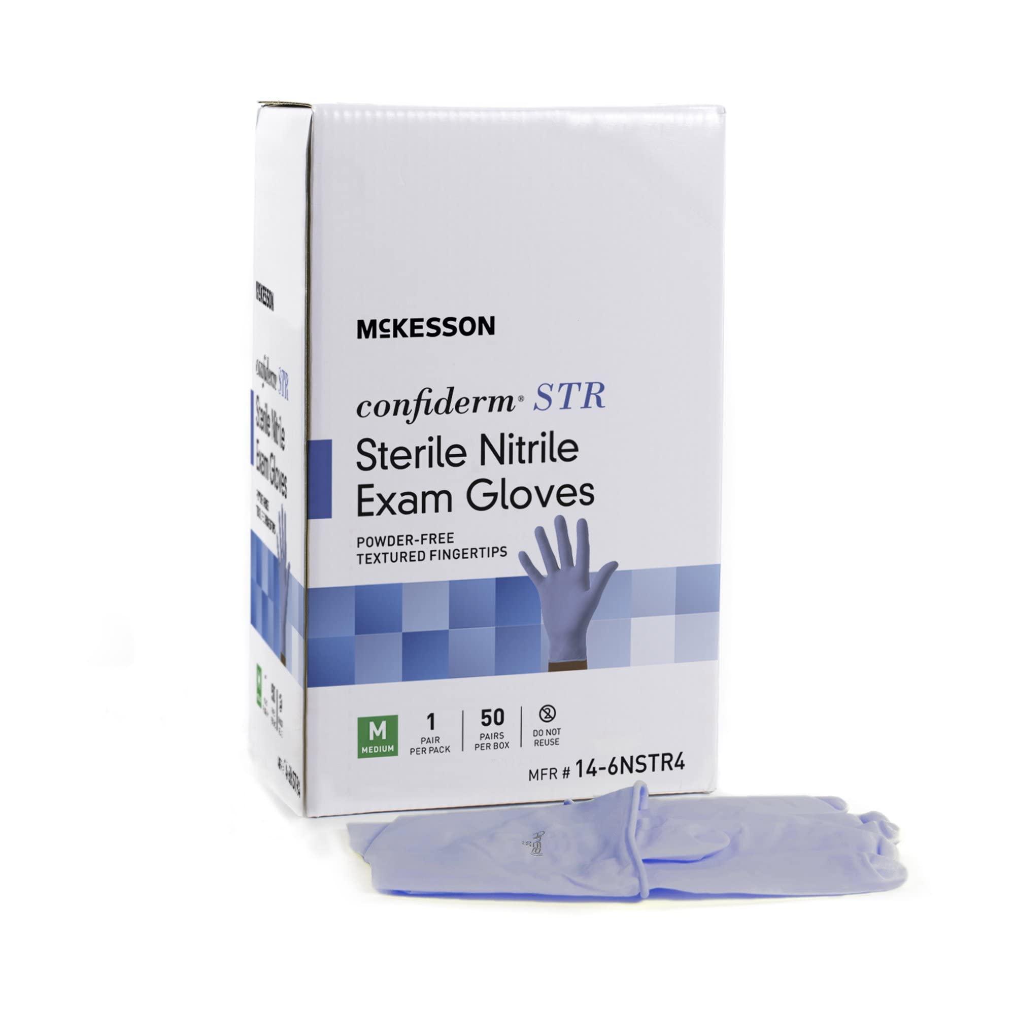 McKesson Confiderm STR Disposable Sterile Pair Nitrile Exam Glove Standard Cuff Length MEDIUM 14-6NSTR4 50 per Box