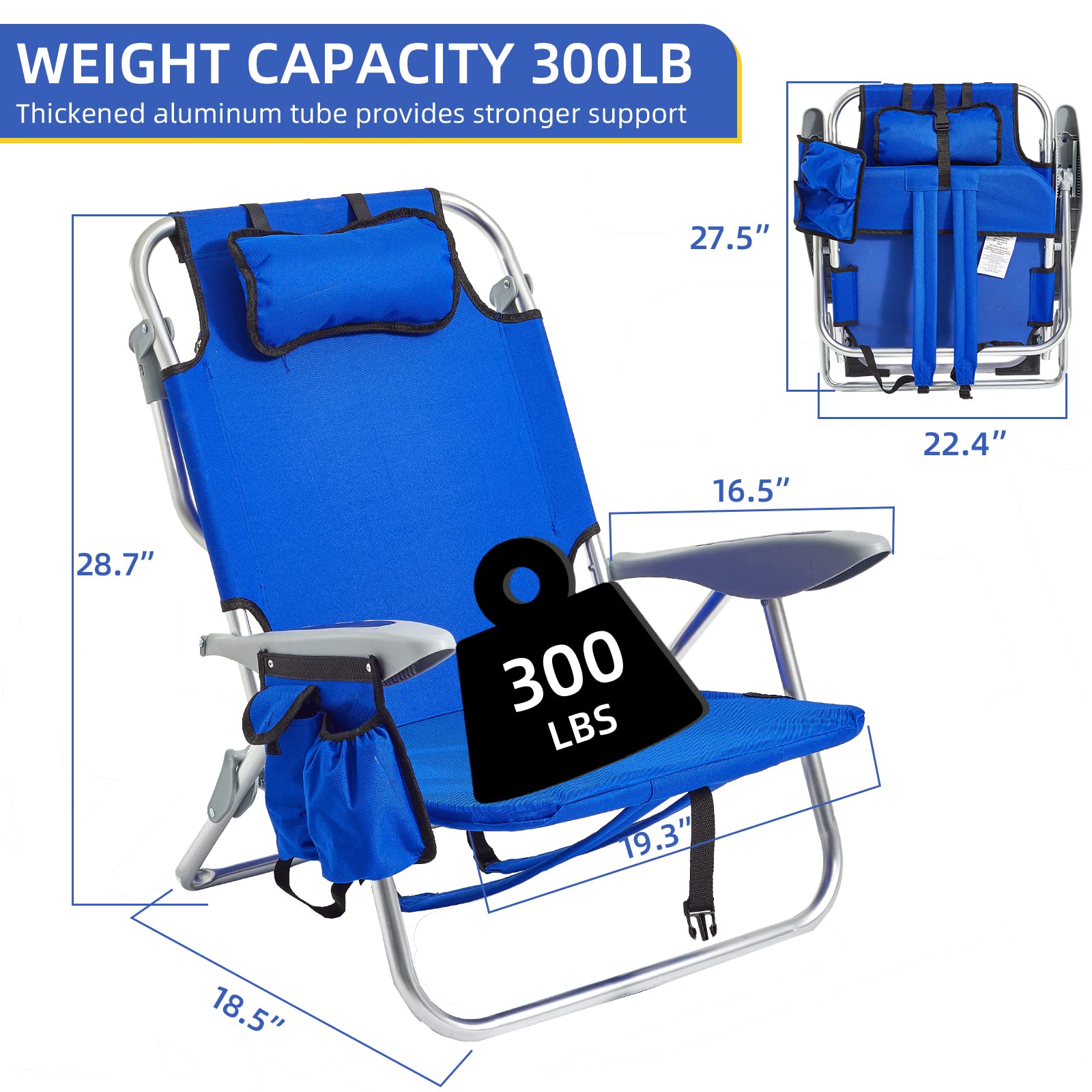 ROWHY Backpack Beach Chair for Adults with Cooler Pouch Portable Lightweight Beach Chair Cup Holder Lay Flat Position and Extra Storage Low Camping Chair Support 300lb, Royal Blue