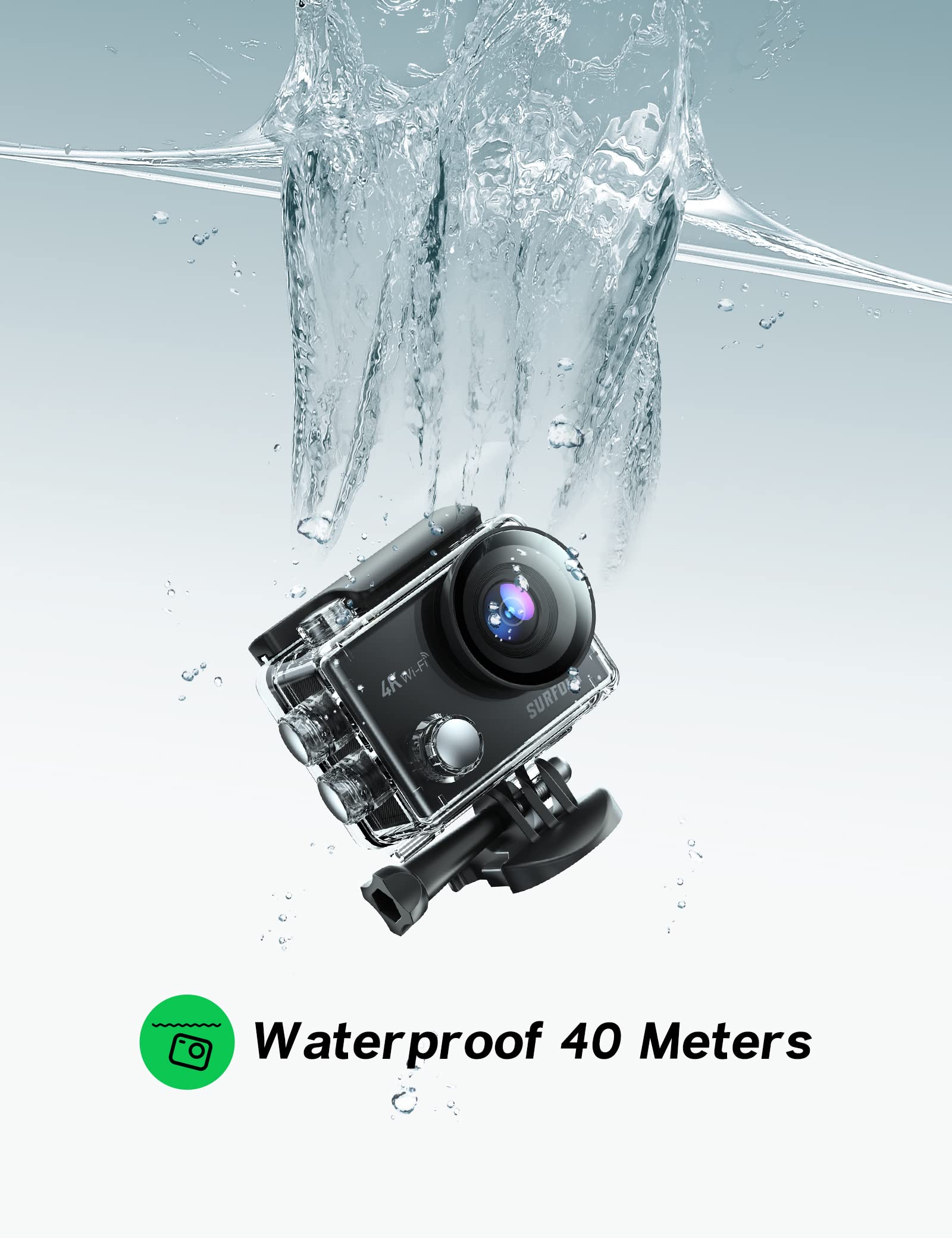 Surfola Action Camera - 4K 20MP WiFi Web Camera 131FT Underwater Camera with Remote Control Waterproof Camera 170 ° Wide Angle 2 Batteries and Mounting Accessories Kit SF300