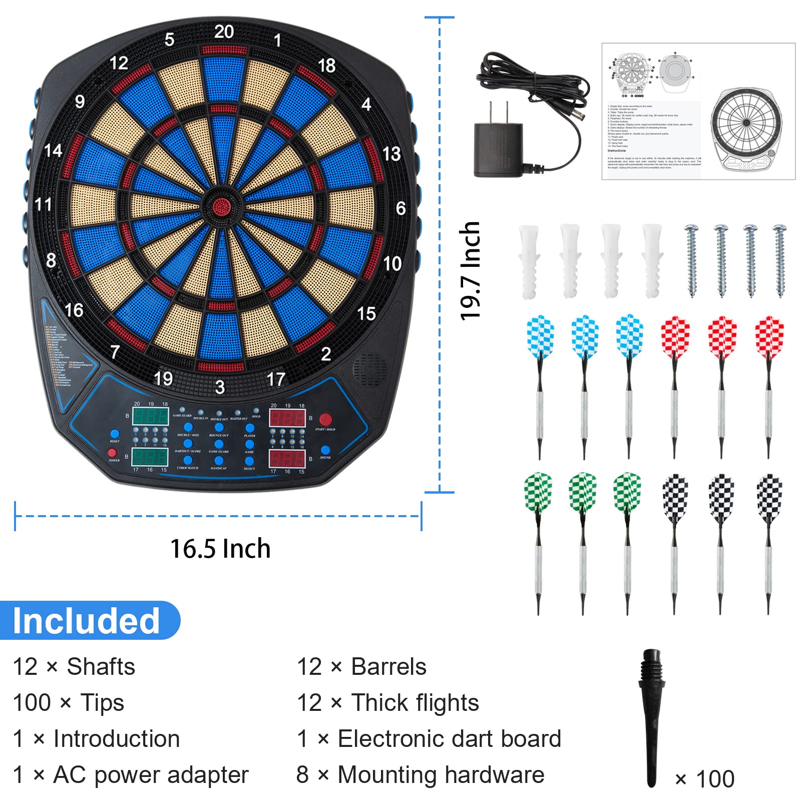 OLI Electronic Dart Board with 12 Soft Tip Darts, LED Display Automatic Scoring Dartboard Sets for Adults, 100 Plastic Tips & Power Adapter Include (Blue)