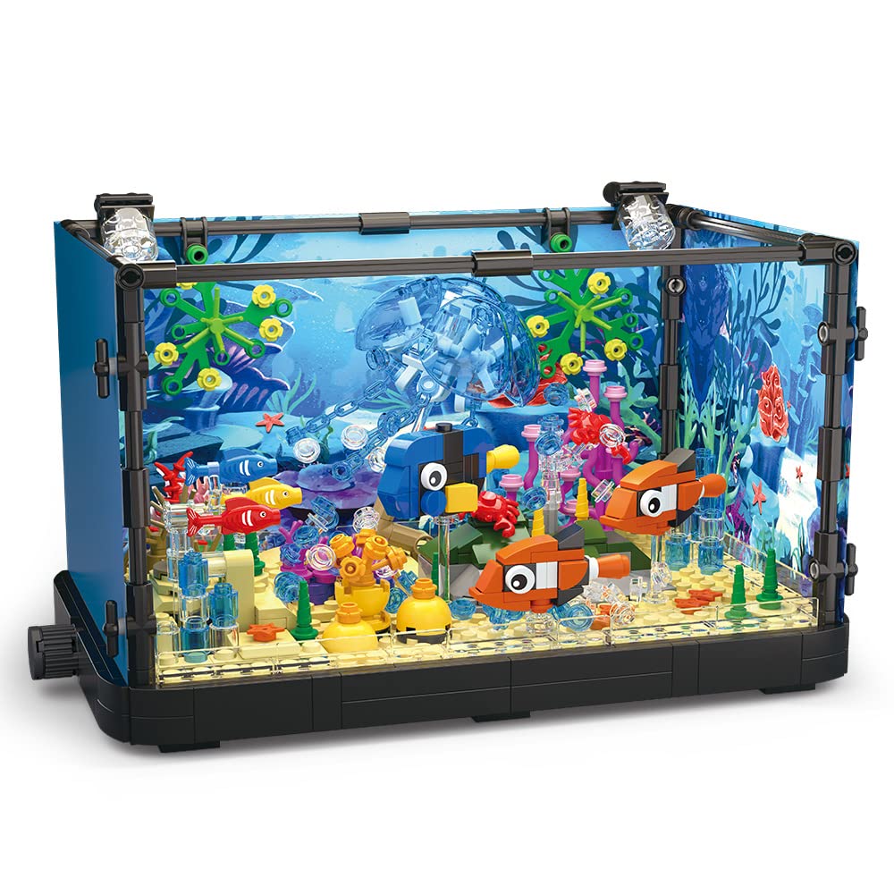 Mesiondy Fish Tank Building Block Set with Light,Aquarium,Marine Jellyfish, Building Block Toy for Kids 6, Home Decor
