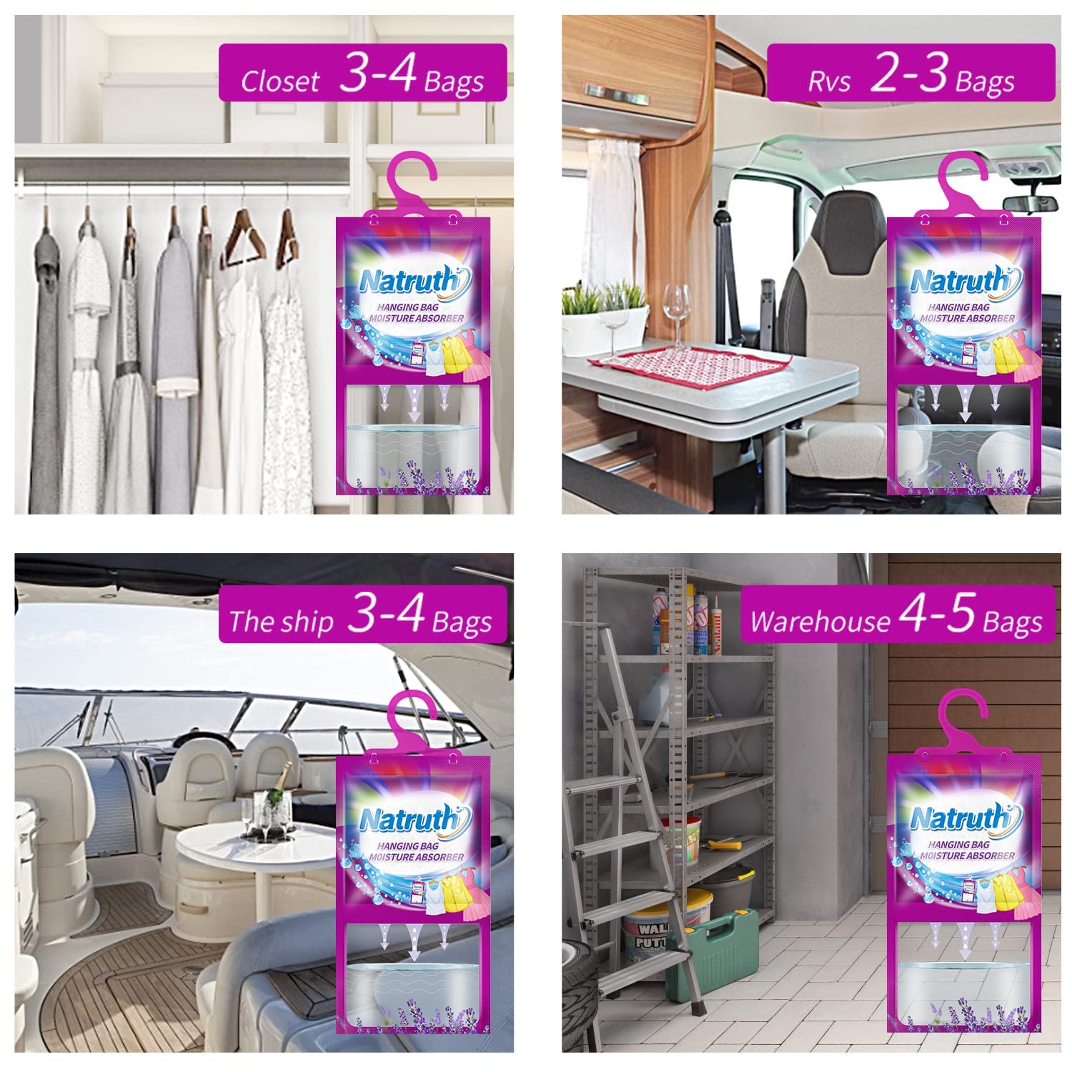NATRUTH Moisture Absorber 7 HangingPackets(9.8oz*7)+ 3 Portable Boxs (10.5oz*3), Dehumidifiers with Lavender, Desiccant Hanging Bag Use for Kitchen Bathroom Wardrobe, Eliminates Odors, Odor Absorber