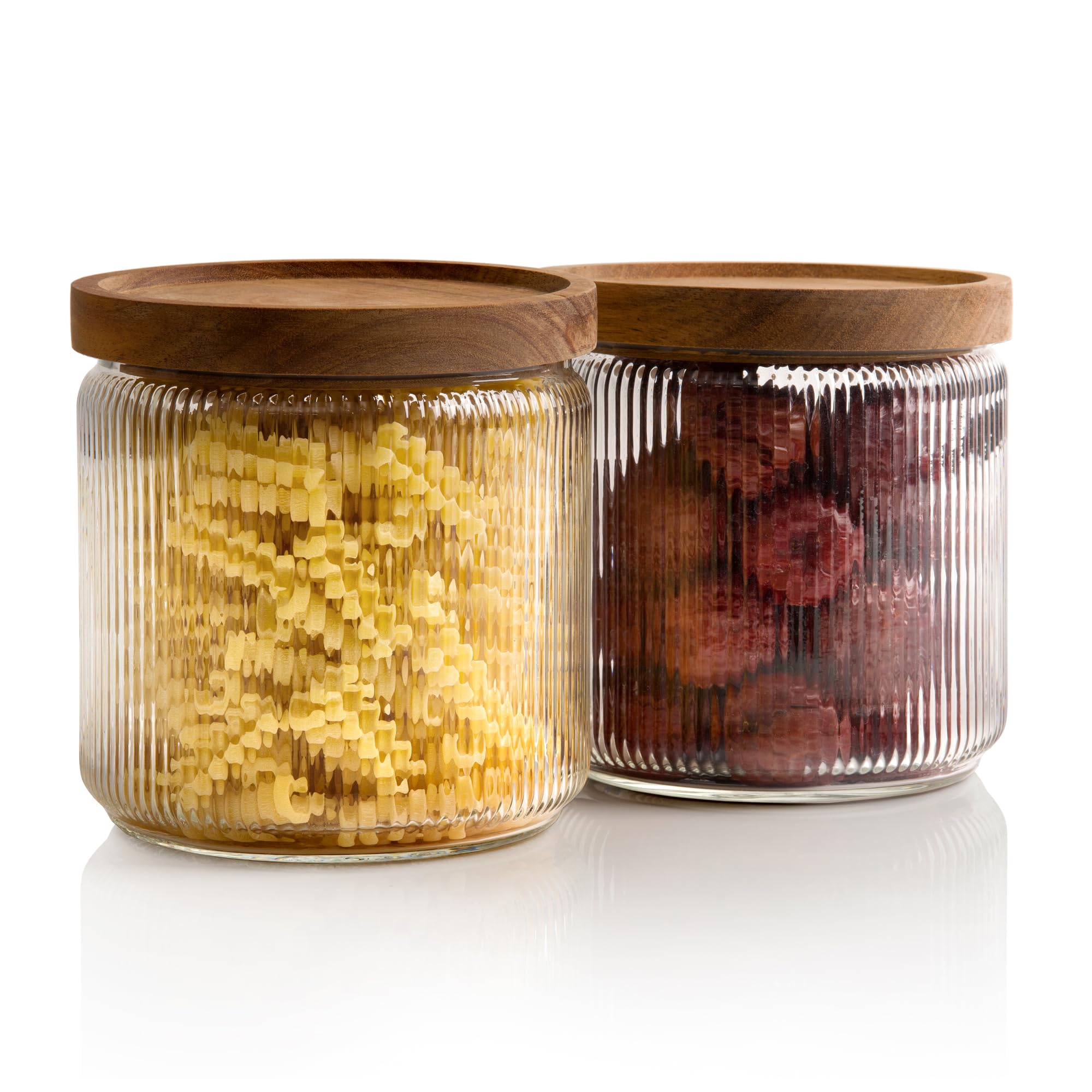 Mason & Fable 12 fl oz, 350ml Glass Food Storage Jars with Wood Lids (6pcs) - Stylish Ribbed Pattern for Kitchen Organization and Storage Containers for Spice, Tea, Coffee/Sugar