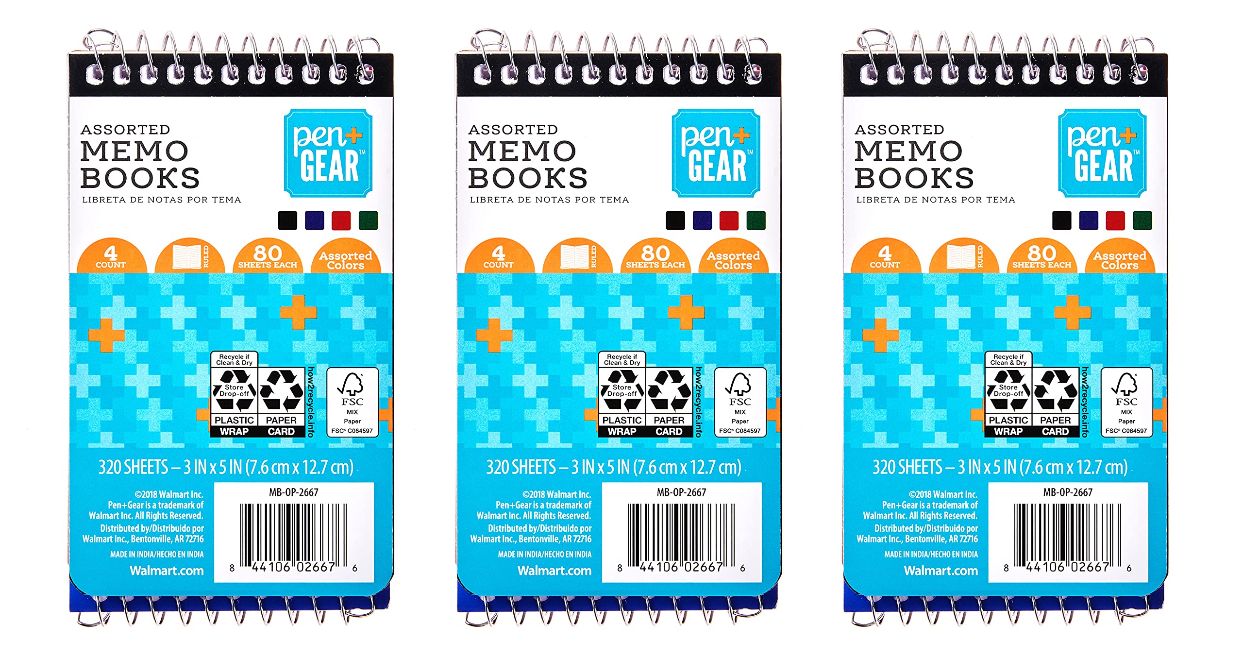 Pen + Gear Narrow Ruled Spiral Memo Book, 3 x 5, 80 Sheets, 4 Pack(pack of 3) Total 12