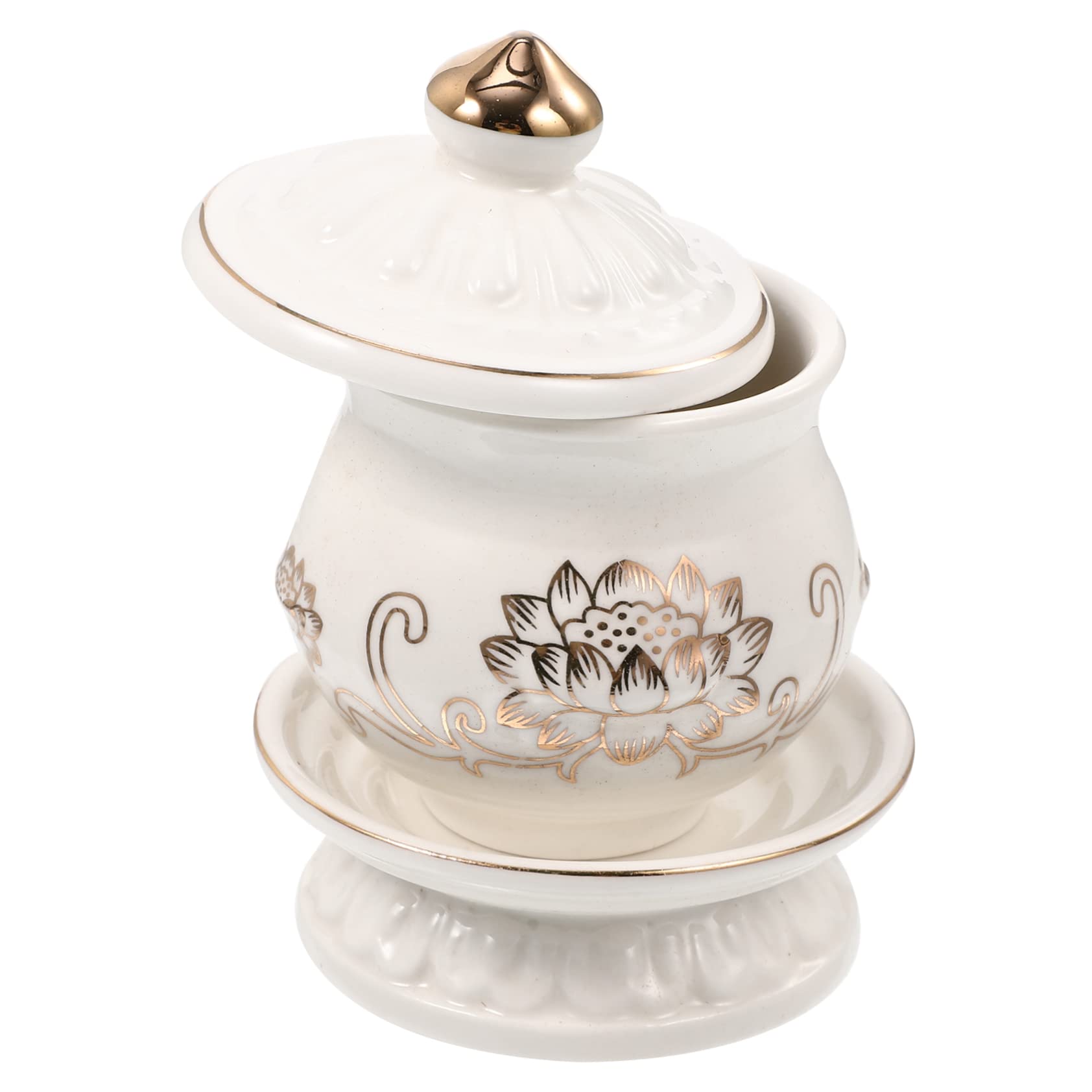 Tofficu 5pcs Bowl Buddhist Supply Relief Ceramic Decoration for Printed Altar Ritual White Offering Holy Lotus Smudging Container with Religion Buddhism Tibetan Home Cup Yoga Water