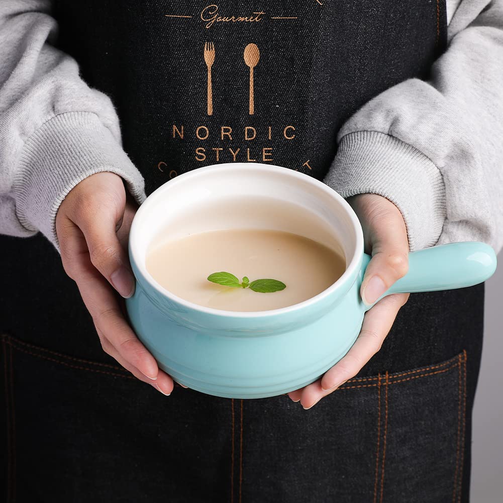 Sweejar Porcelain Soup Bowls with Handle, 22 OZ Ceramic Serving Crocks for French Onion Soup, Pumpkin Soup, Oatmeal, Stew, Dishwasher and Microwave Safe, Set of 4 (Turquoise )