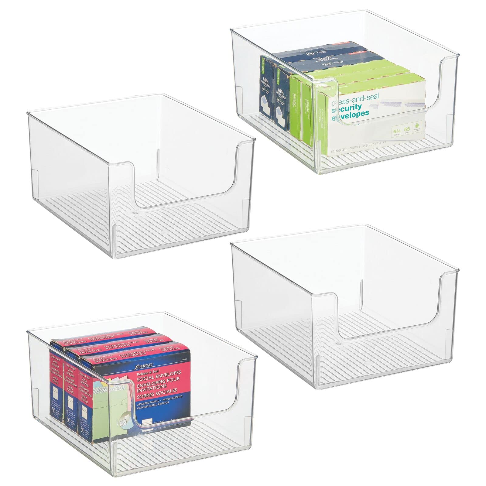 mDesign Modern Plastic Open Front Dip Storage Organizer Bin Basket for Home Office Organization - Shelf, Cubby, Cabinet, and Closet Organizing Decor - Ligne Collection - 4 Pack - Clear
