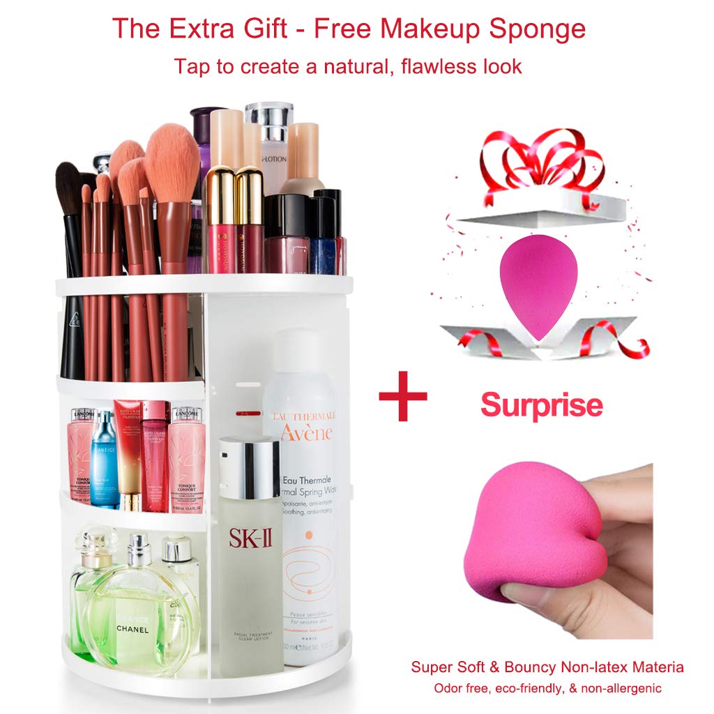 Makeup Organizer,360 Degree Rotating Cosmetics Organizer with 3 Pcs Makeup Sponge,7 Layers Adjustable Cosmetic Display Case for Countertop,Large Storage Box Make up Brush Holders Gifts for Women