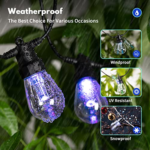 XHT Outdoor String Lights - 48ft Sync with Music Color Changing Outside Patio Lights with 15 Dimmable IP65 Waterproof RGB LED Bulbs with App & Remote Control for Dating, Party, Wedding