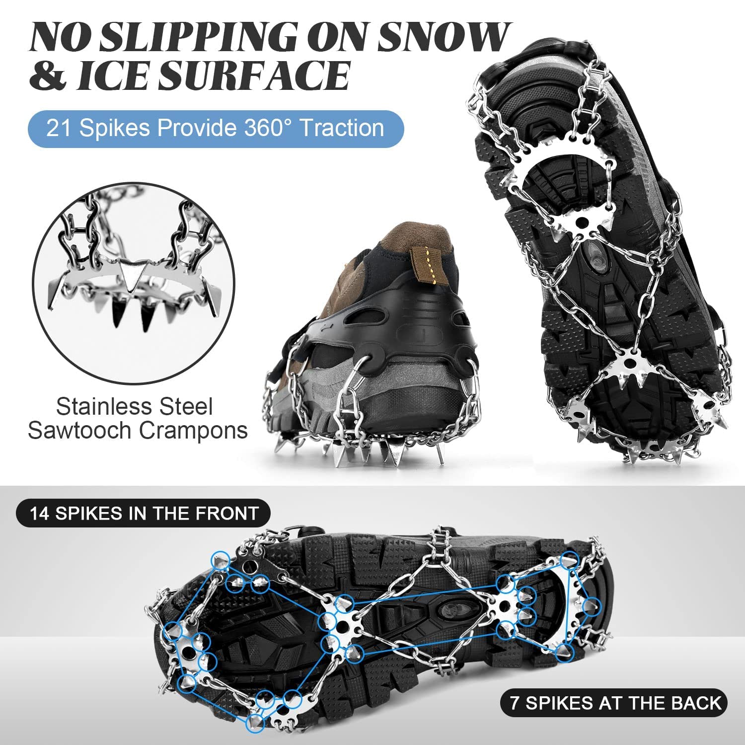 Odoland Bundle - Magnetic Interchangeable Ski Goggles with 2 Lens and Ice Cleats Traction with Leg Gaiters Blue