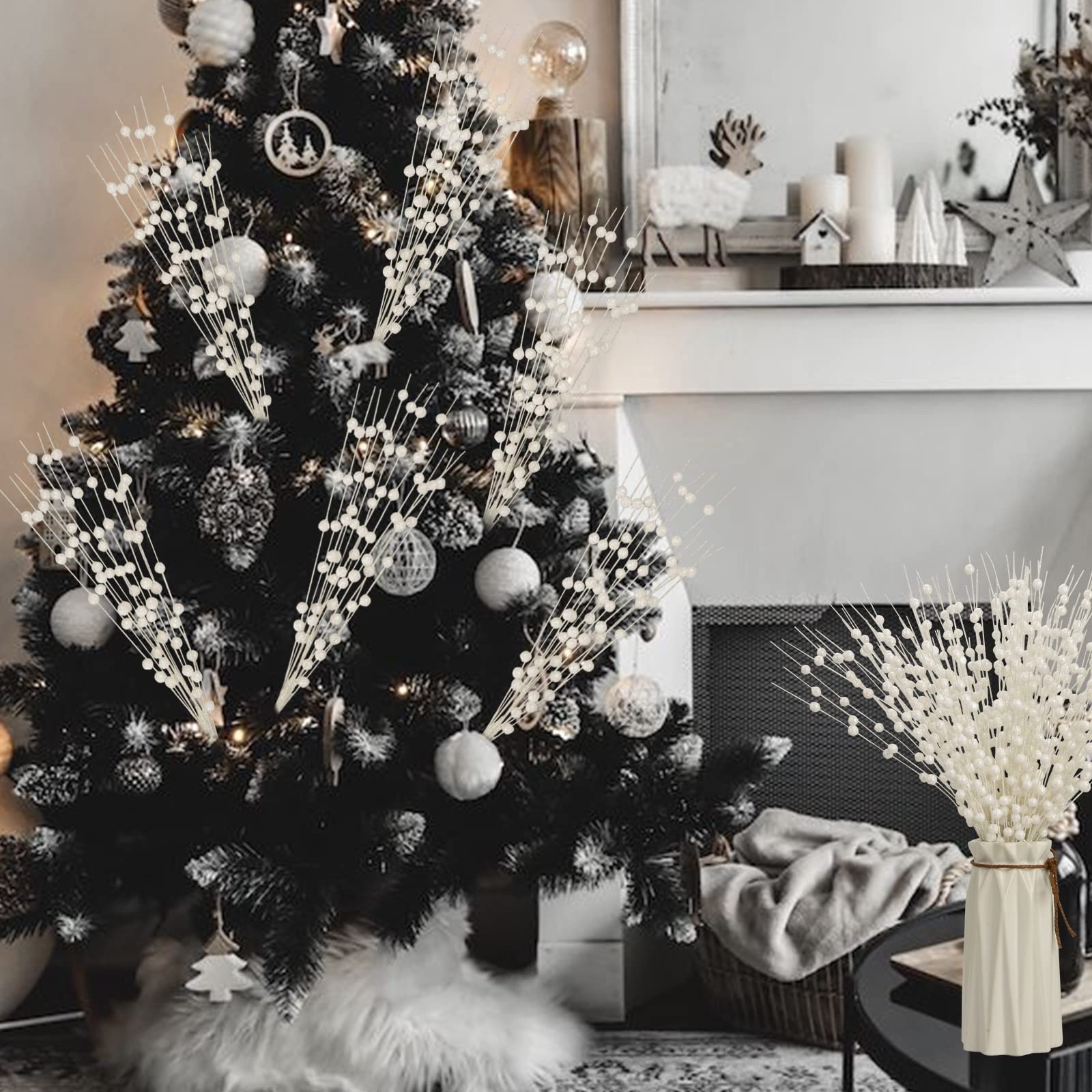 Megoogo 12 PCS Artificial Glitter Berry, White Christmas Glitter Picks Artificial Berries Stems Ornaments Fake Xmas Stem Decorative Sticks for Vases Tall DIY Wreath Home Decor (15.8ββ)
