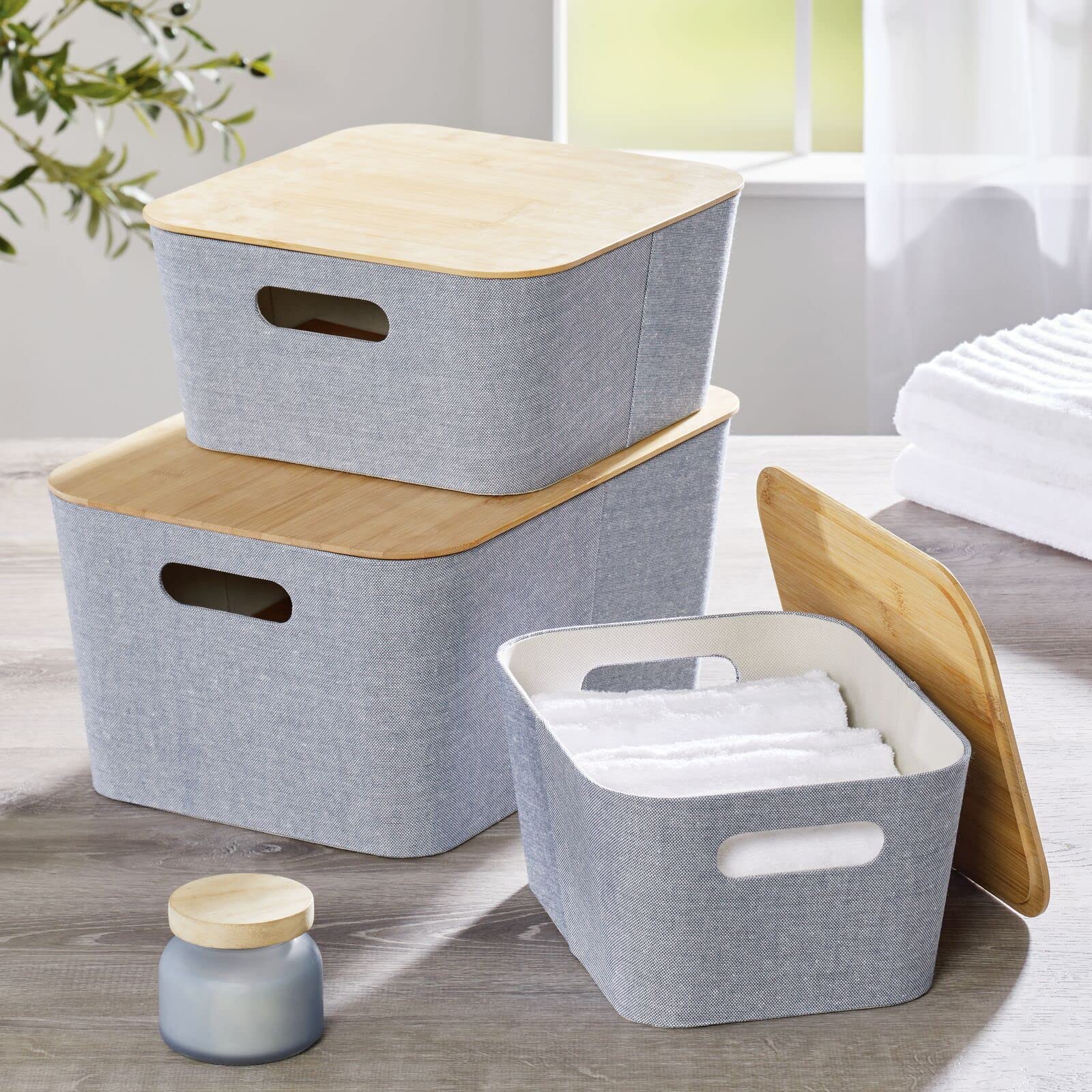 mDesign Modern Fabric Covered Basket with Lid, Stacking Decorative Storage Bin Box with Bamboo Cover for Closet, Living Room, Kitchen, Office Shelf, Holders for Clothing/Accessories, 4 Pack, Navy Blue