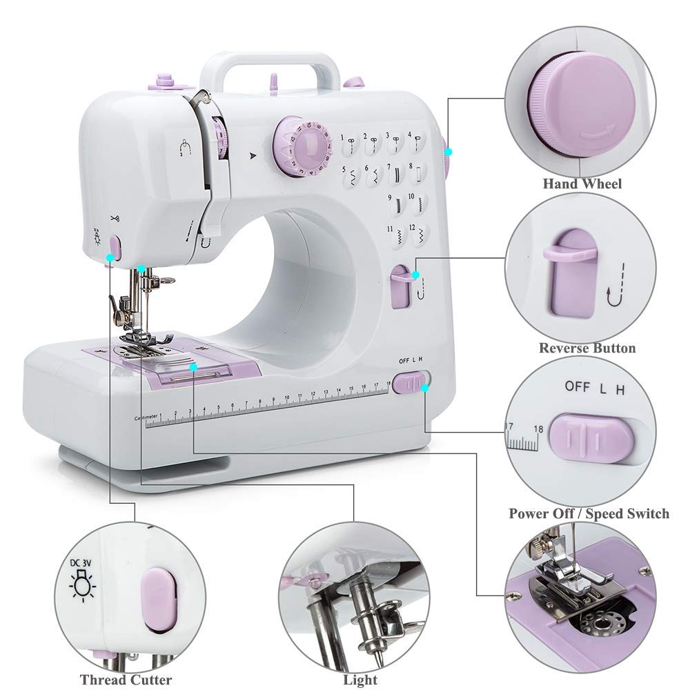 Mini Sewing Machine by Phildim (Including Extension Table and Sewing Supplies Set) - Small Electric Overlock Sewing Machines with 2 Speed 12 Built-in Stitch Patterns PD-005-A9