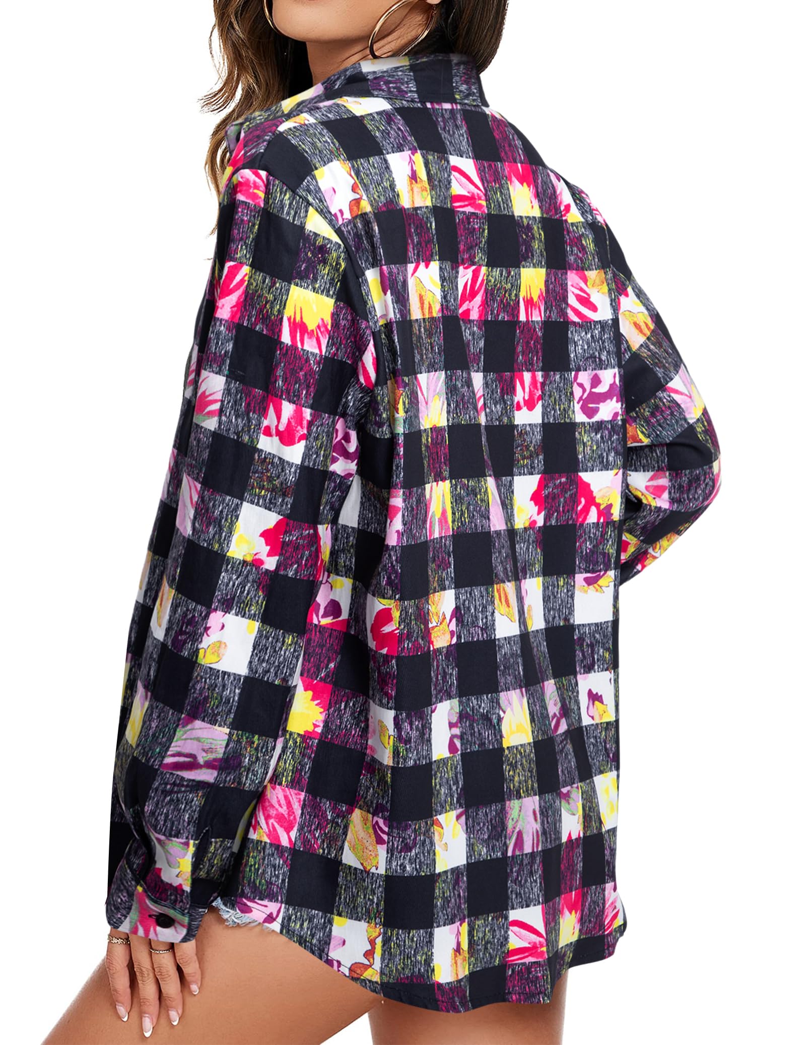 Plaid Jackets for Women Flannel Colorful Plaid Shirt Fall Button Down Blouses Patchwork Casual Long Sleeve Shirts