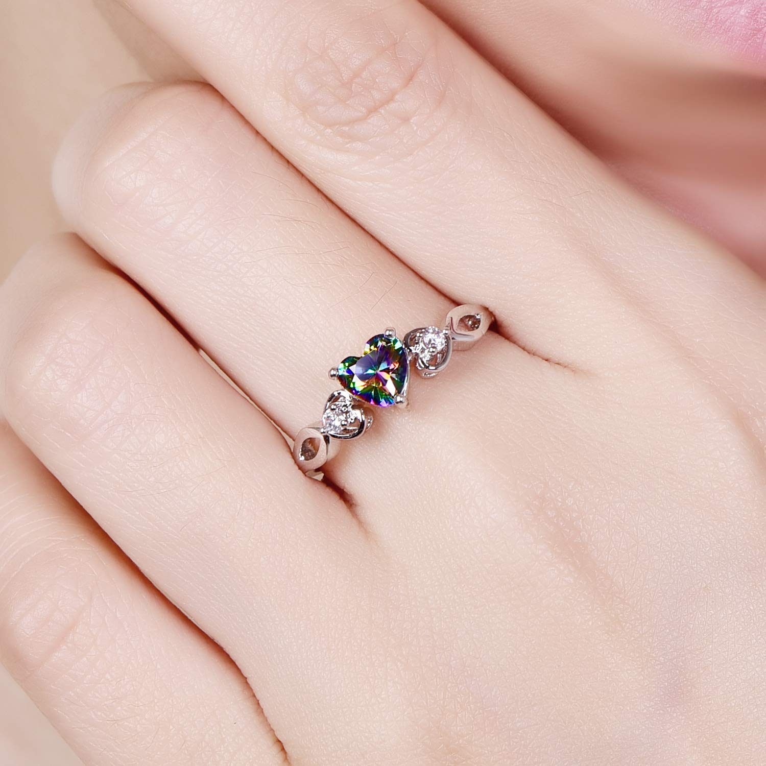 Narica 925 Silver Plated Ring Created Rainbow Topaz Heart Shaped Twist Wedding Engagement Ring for Women Size 9