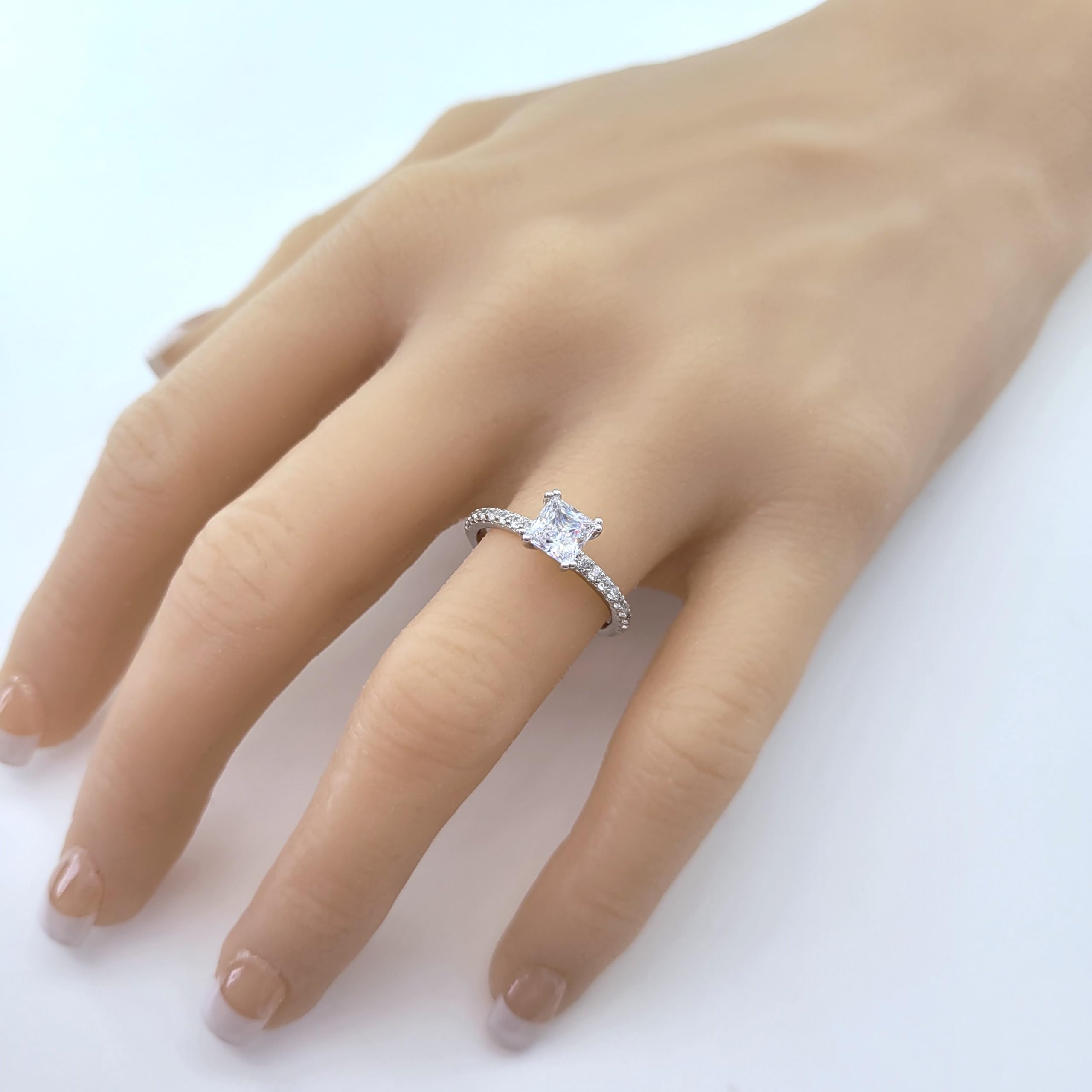NANA Jewels Silver 8mm (3ct) Princess Cut Pure Brilliance Zirconia Solitaire w/sides Engagement Ring-Rhodium Plated-Size 7